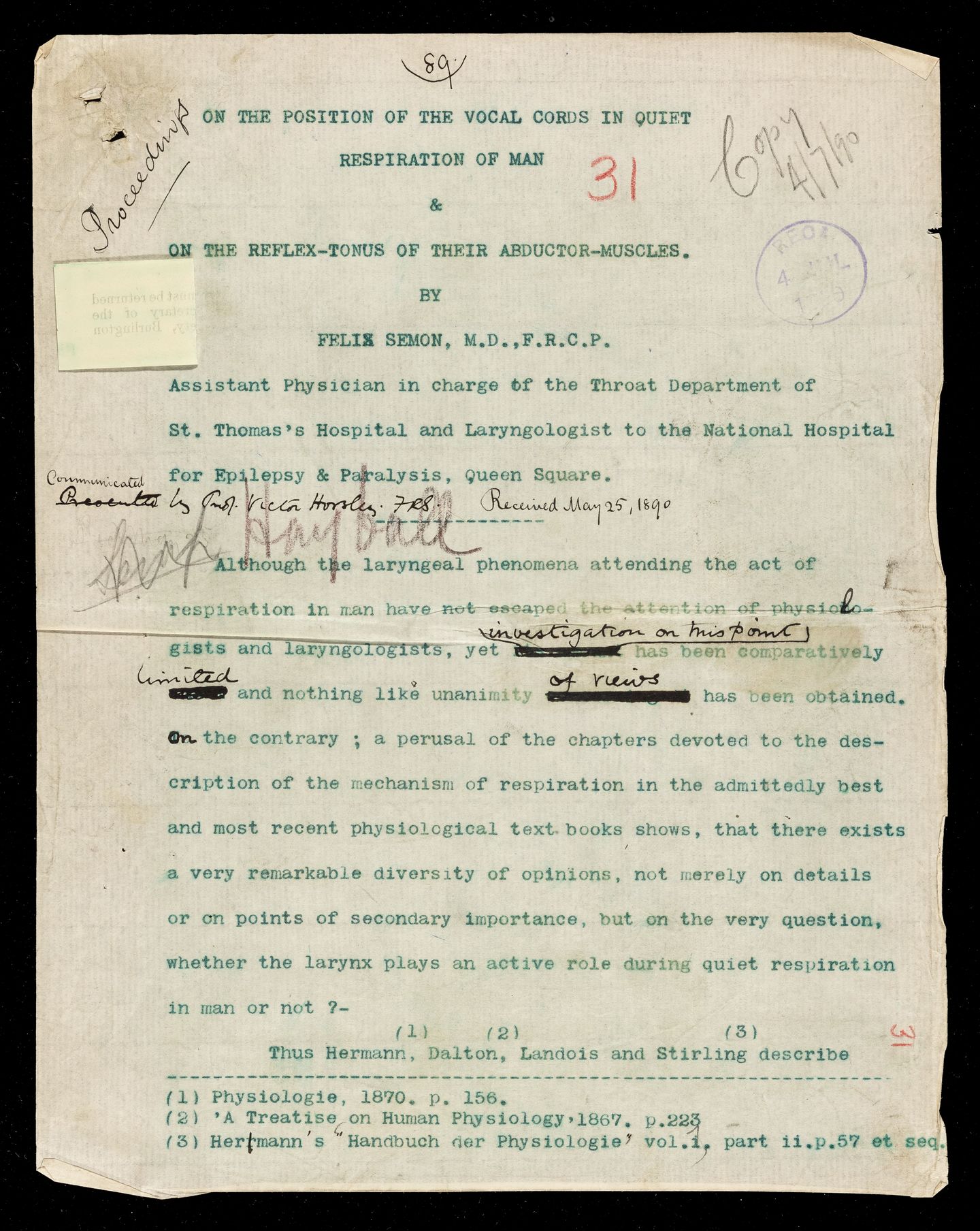 Paper, 'On the positon of the vocal cords in quiet respiration in man ...