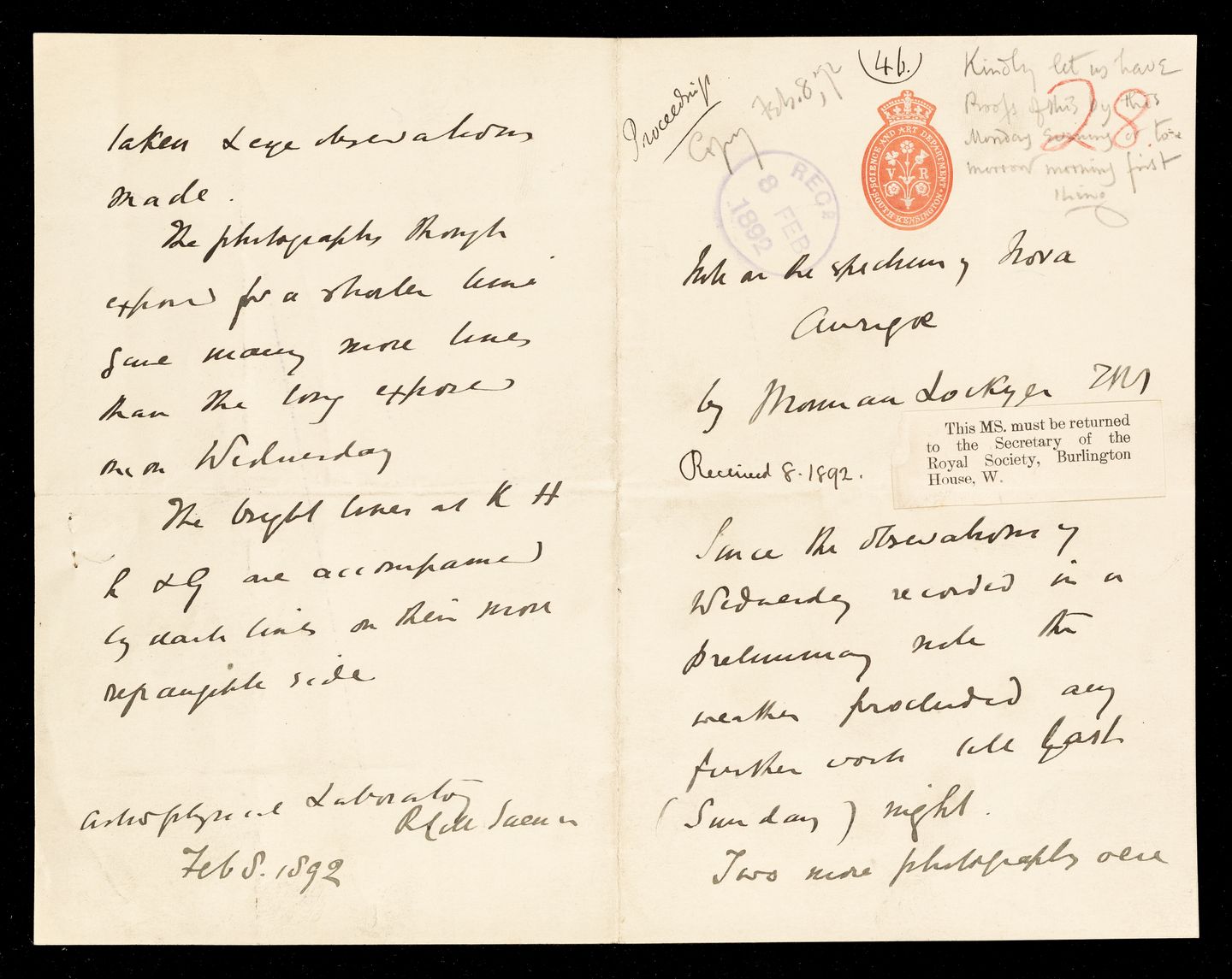 Paper, 'Note on the spectrum of Nova Aurigae' by Joseph Norman Lockyer ...