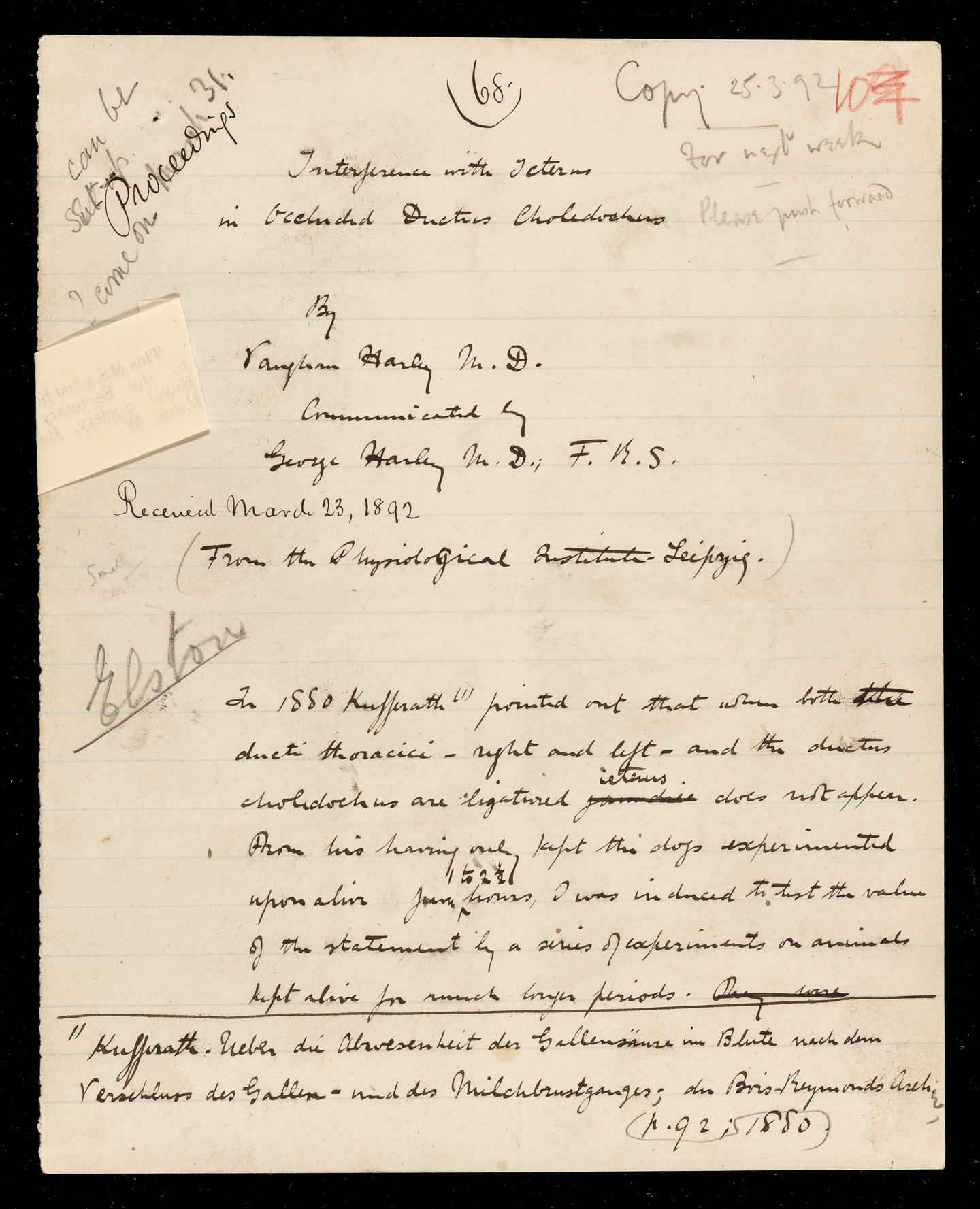 Paper, 'Interference with icterus [jaundice] in occluded ductus ...