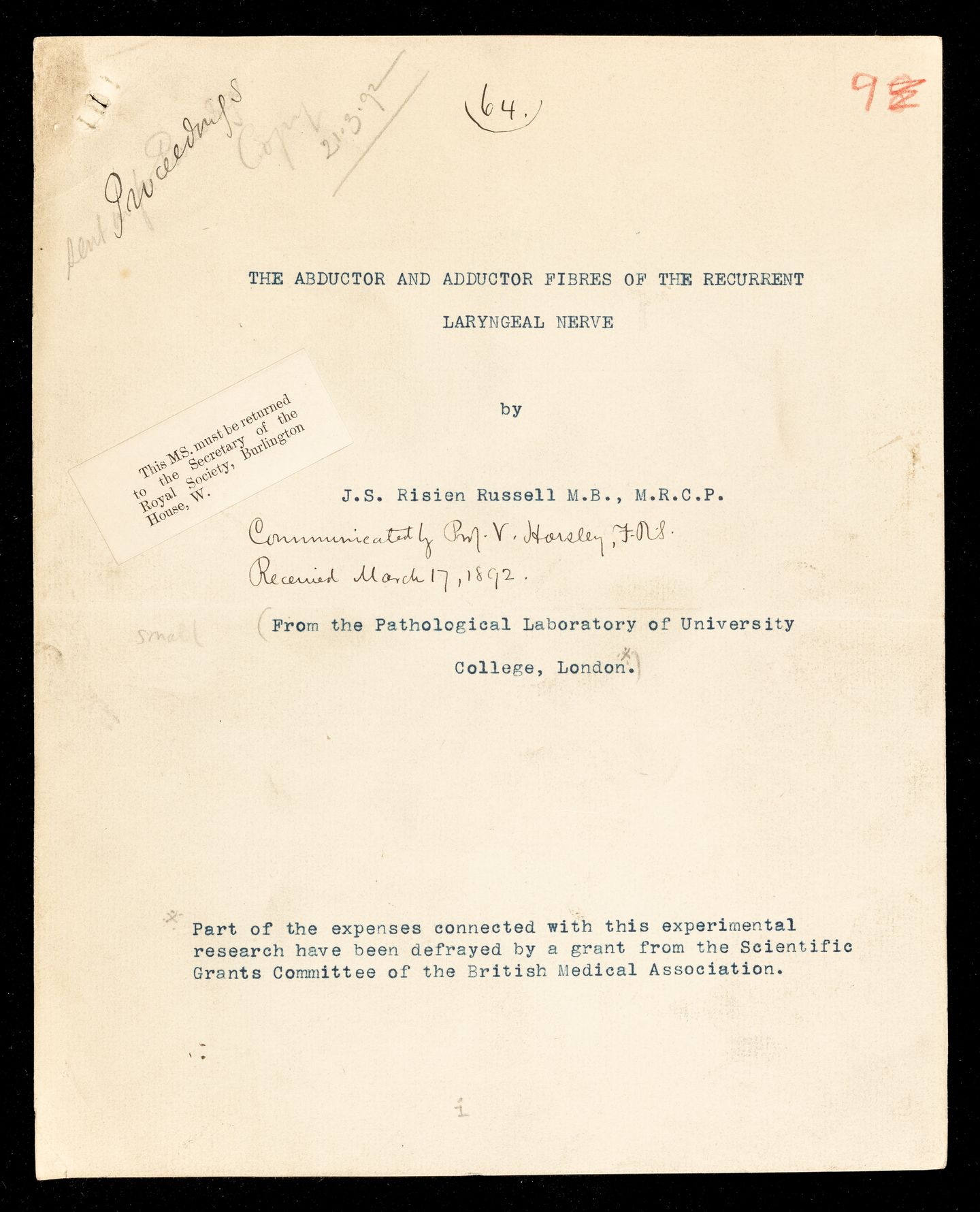 Paper, 'The abductor and adductor fibres of the recurrent laryngeal ...