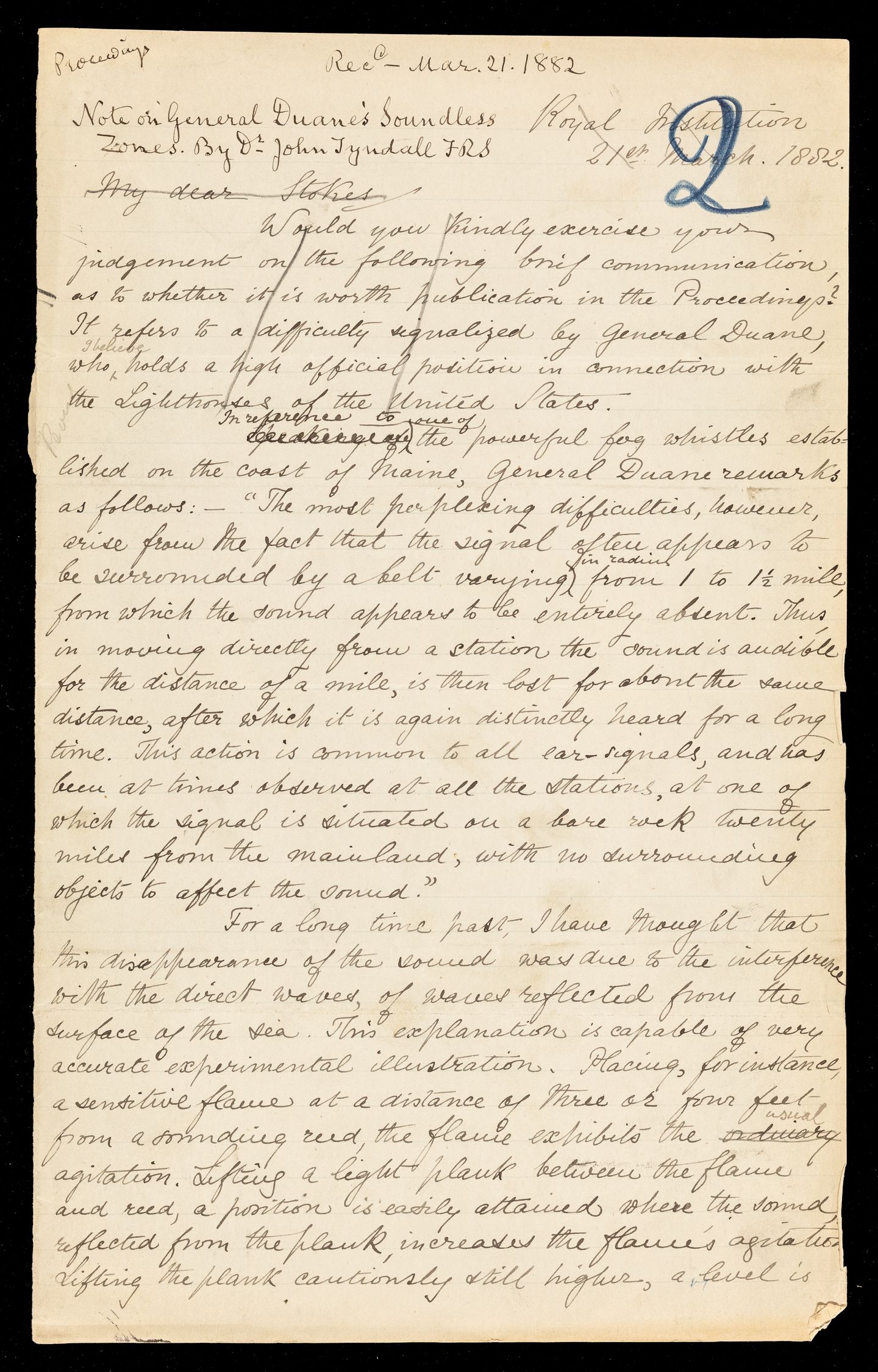 Letter, 'Note on General Duane's soundless zones' from John Tyndall to ...