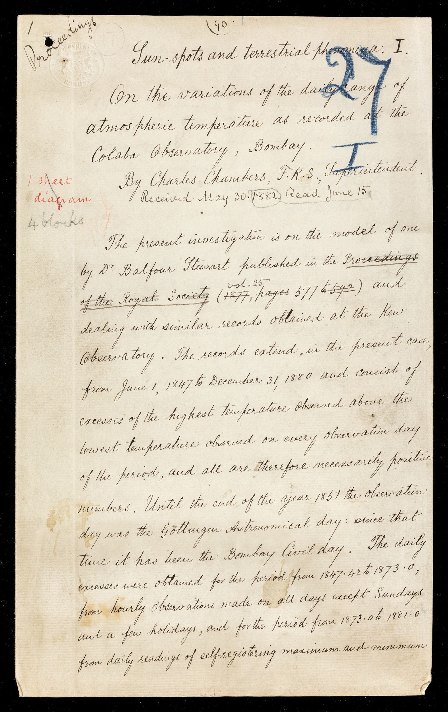 Paper, 'Sun-spots and terrestrial phenomena. I. On the variations of ...