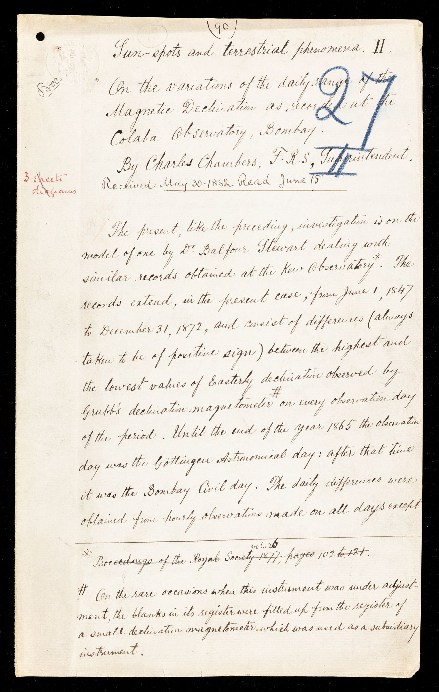 Paper, 'Sun-spots and terrestrial phenomena. II. On the variations of ...