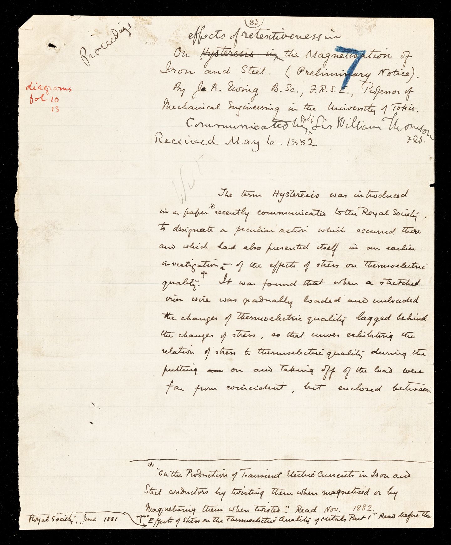 Paper, 'On effects of retentiveness in the magnetisation of iron and ...