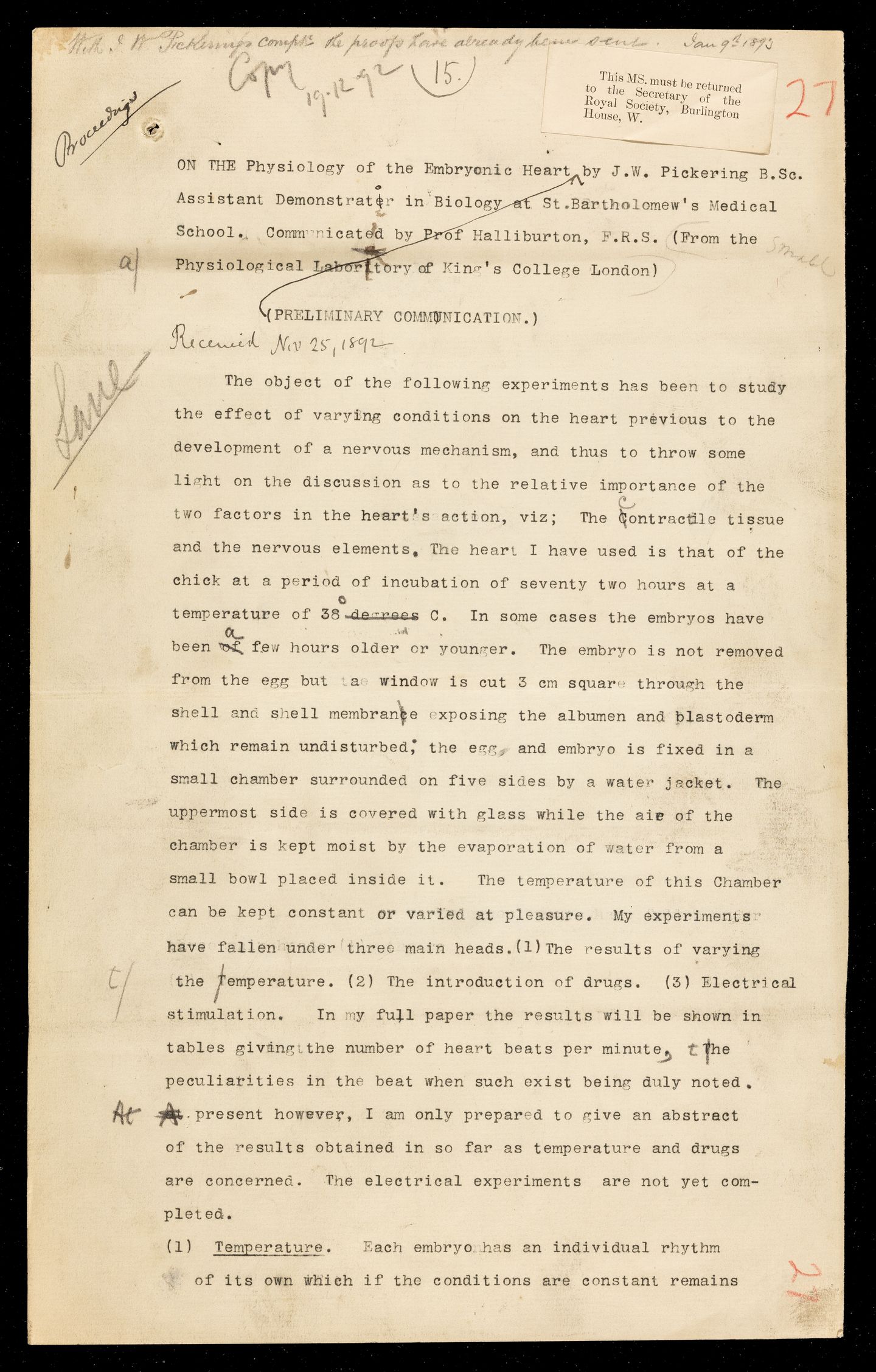 Paper, 'On the physiology of the embryonic heart (preliminary ...