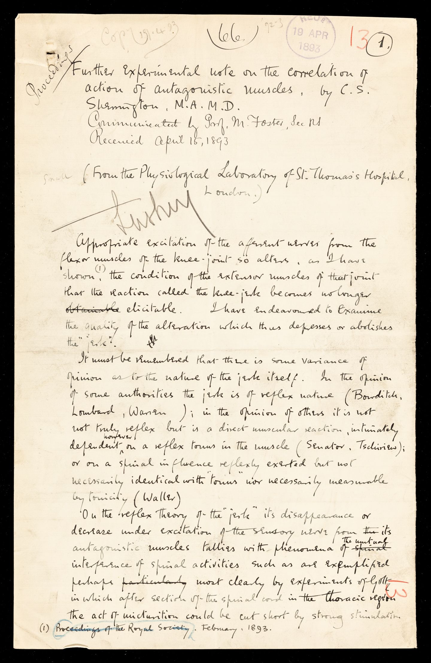 Paper, 'Further experimental note on the correlation of action of ...