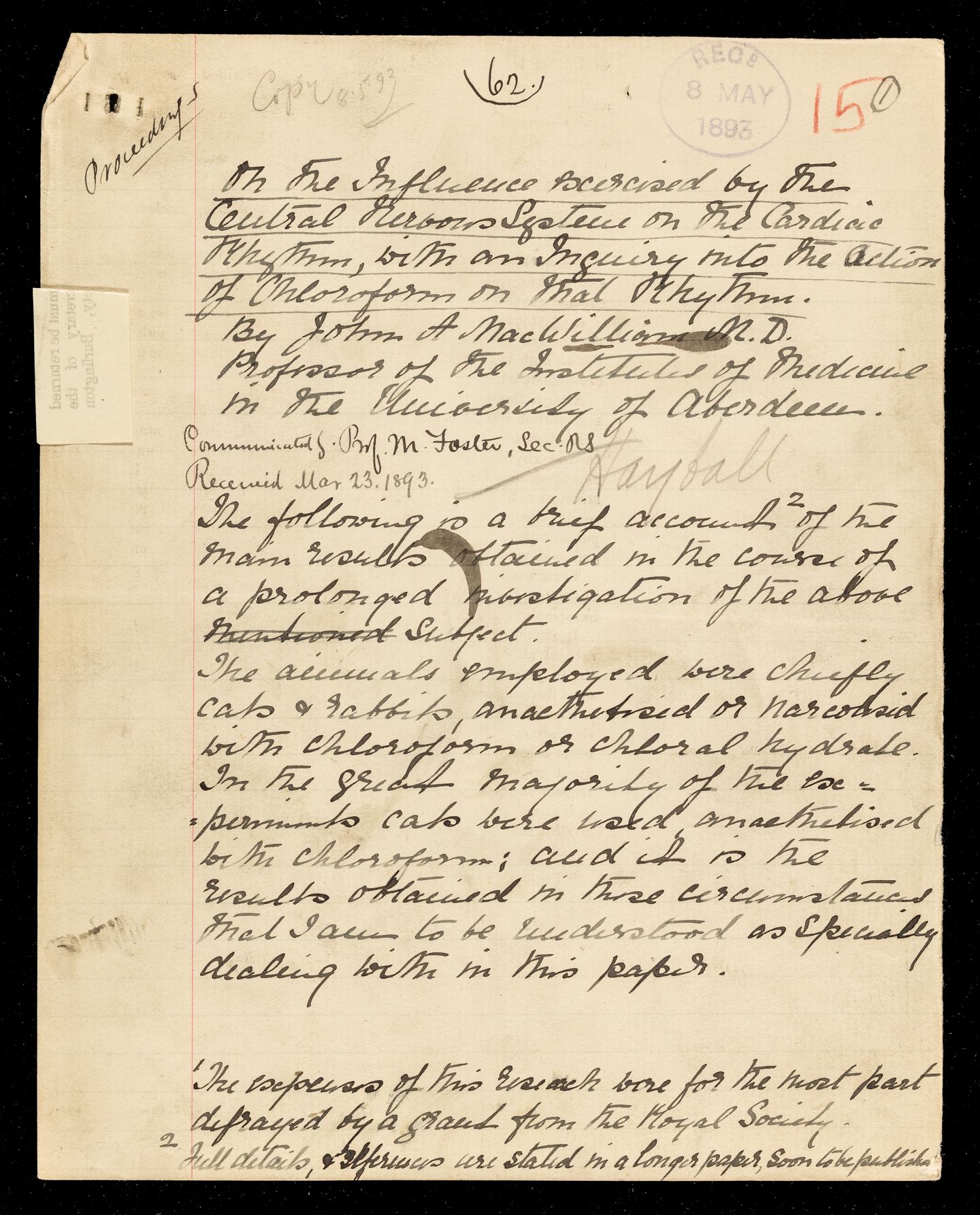 Paper, On the influence exercised by the central nervous system on the ...