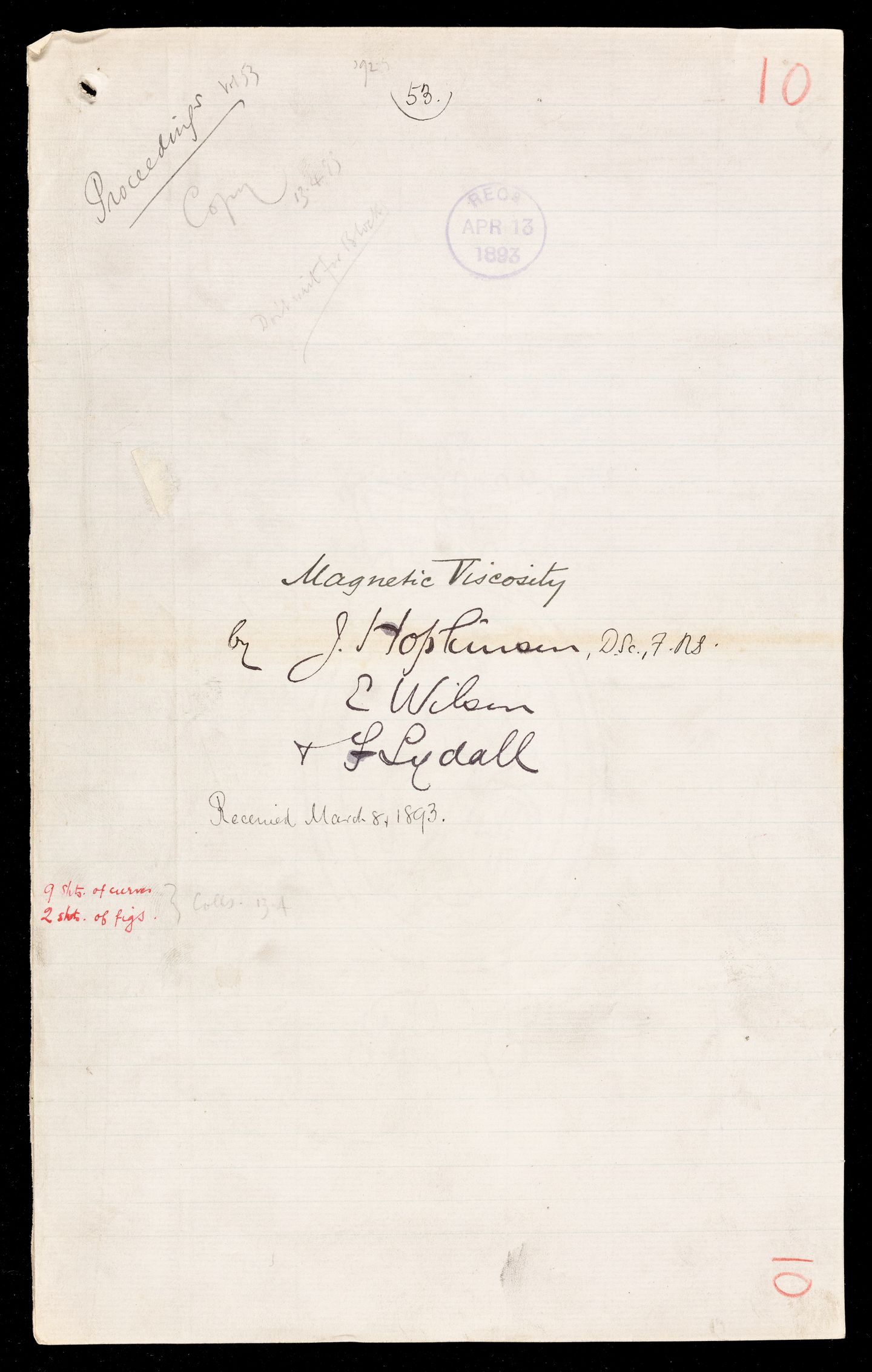 Paper, 'Magnetic viscosity' by John Hopkinson, E Wilson and Francis ...