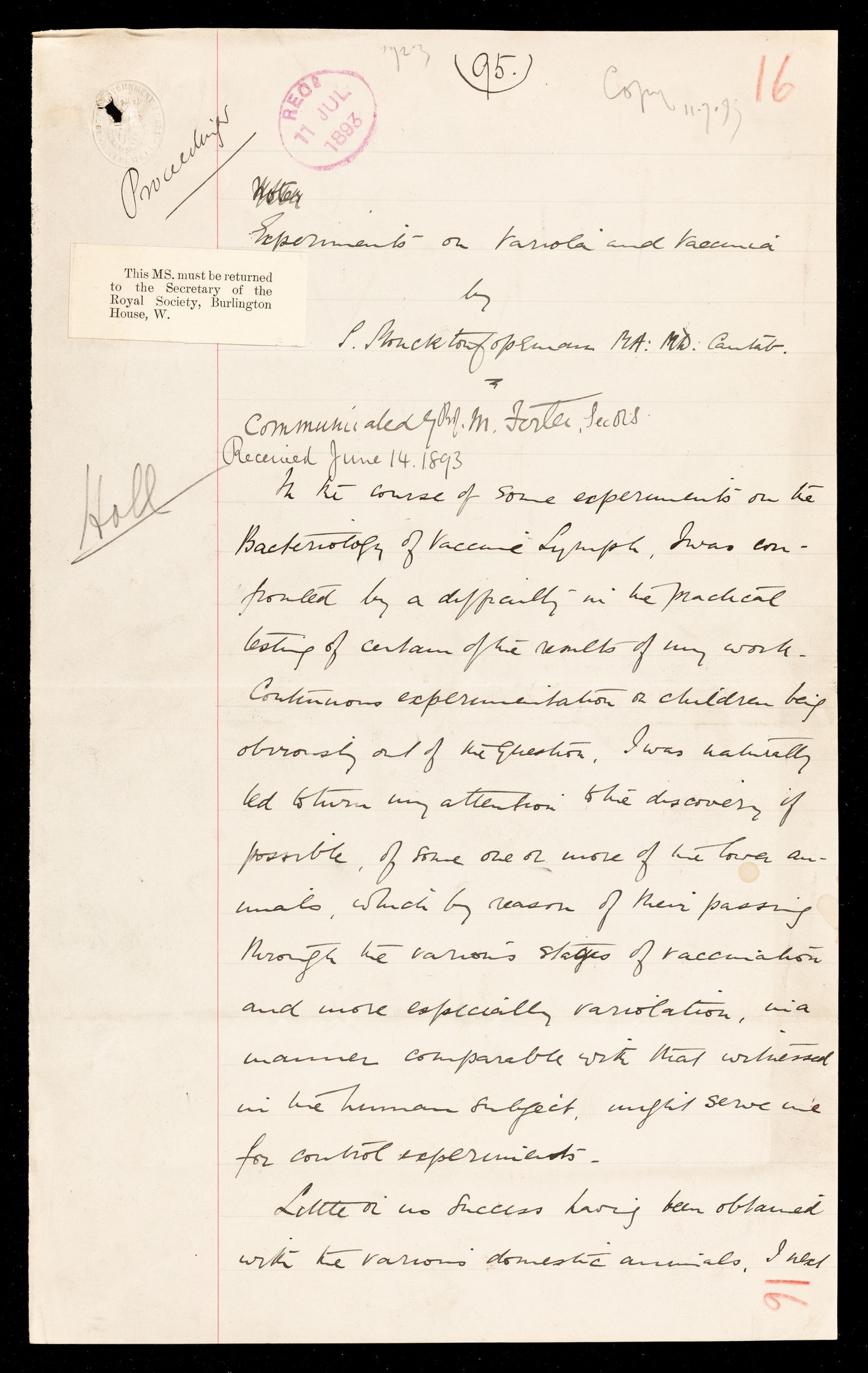 Paper, 'Experiments on variola [smallpox] and vaccinia [cowpox]' by ...