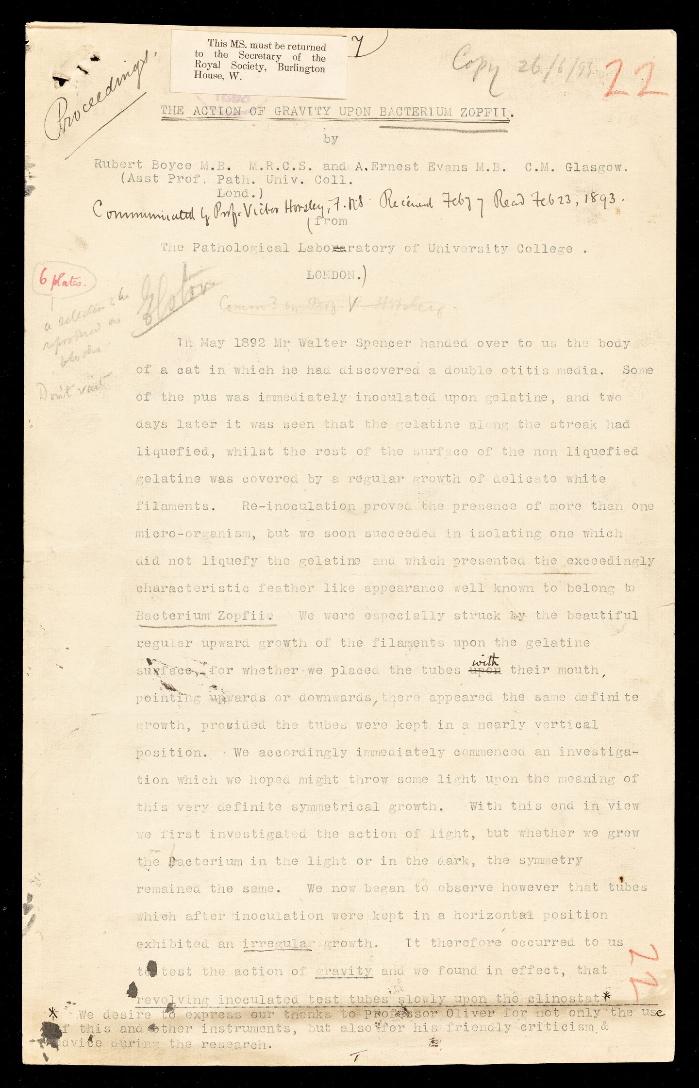 Paper, 'The action of gravity upon Bacterium Zopfii' by Rubert William ...