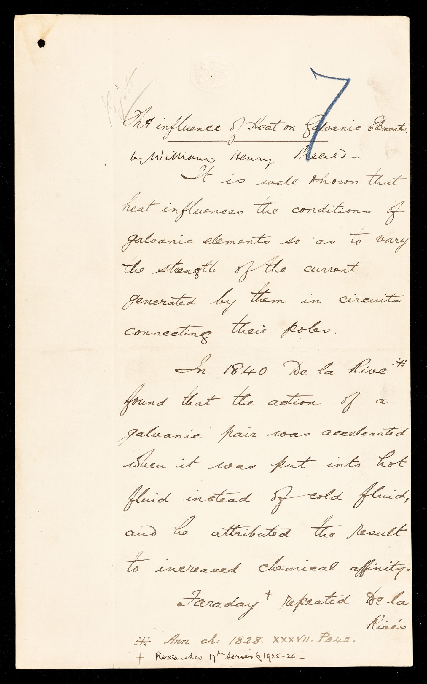 Paper, 'The influence of heat on the galvanic elements' by William ...