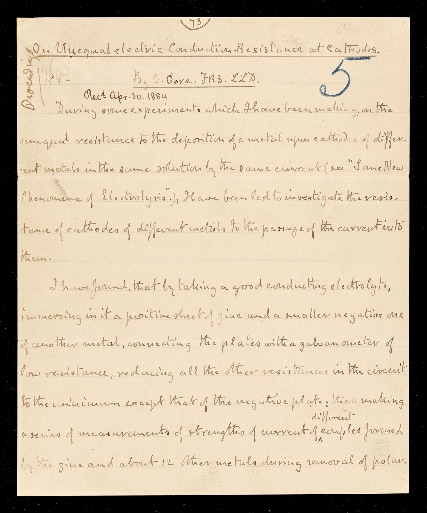 Paper, 'On unequal electric conduction-resistance at cathodes' by G ...
