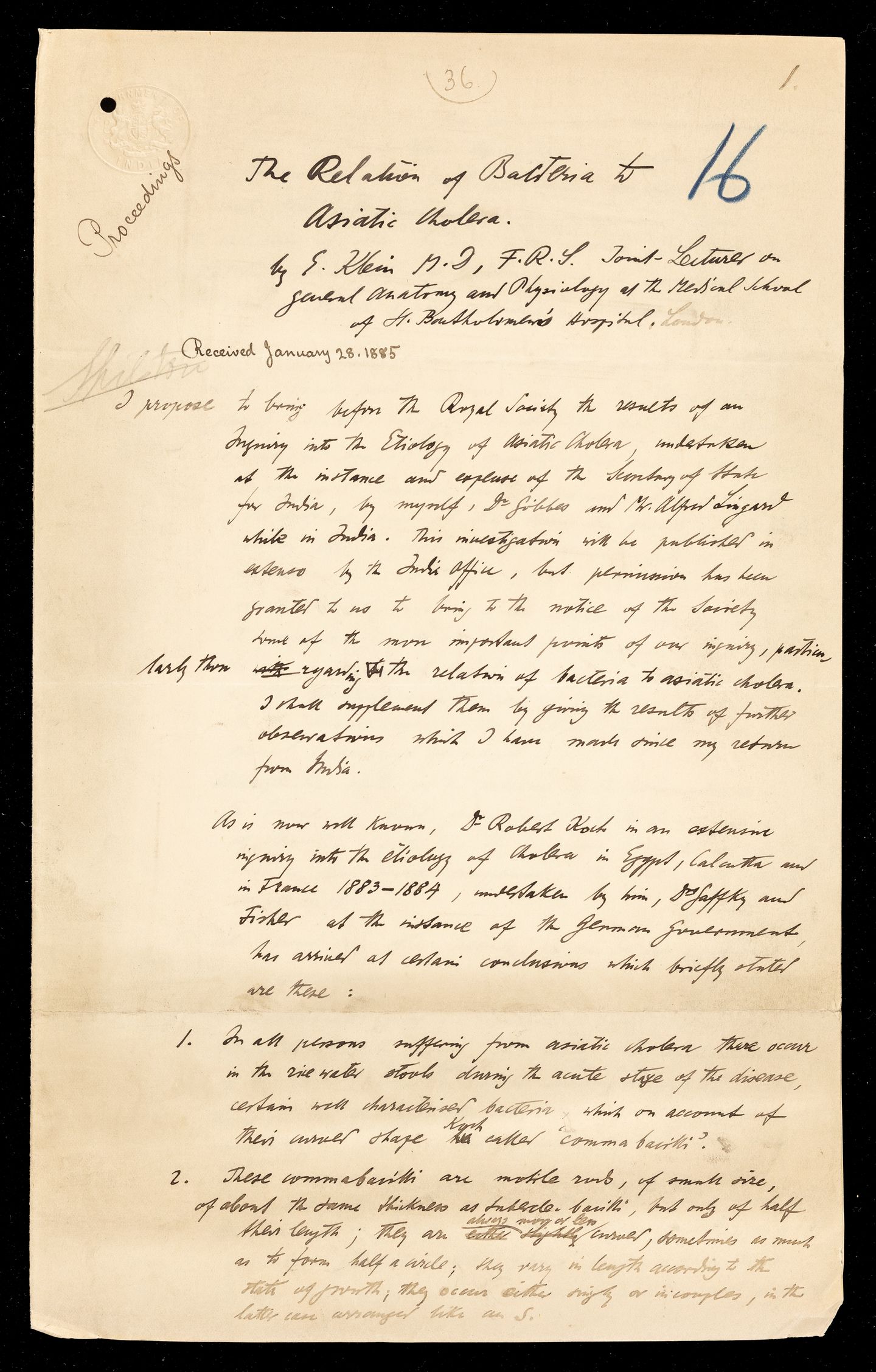 Paper, 'The relation of bacteria to Asiatic cholera' by E [Edward ...