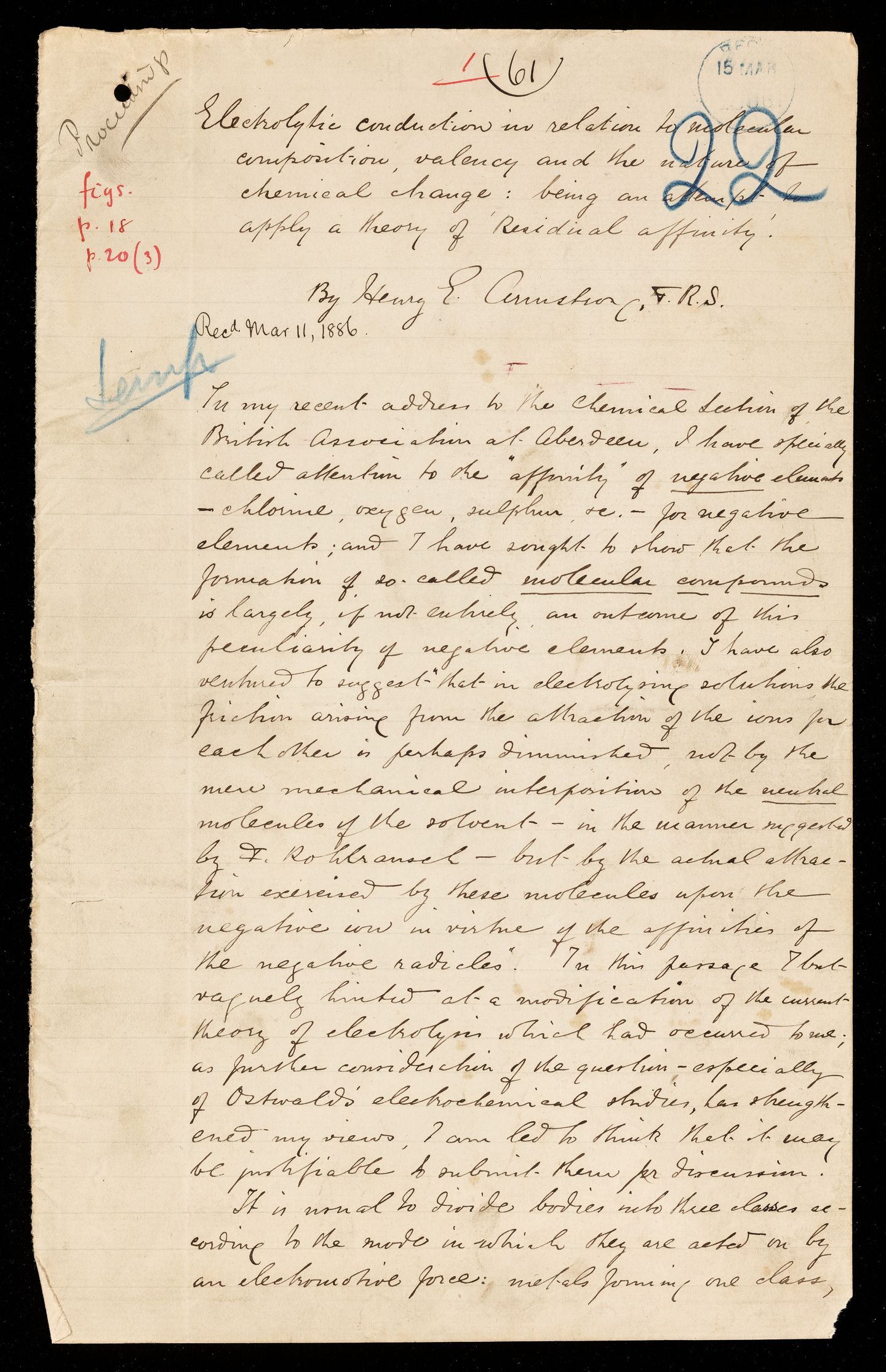 Paper, 'Electrolytic conduction in relation to molecular composition ...