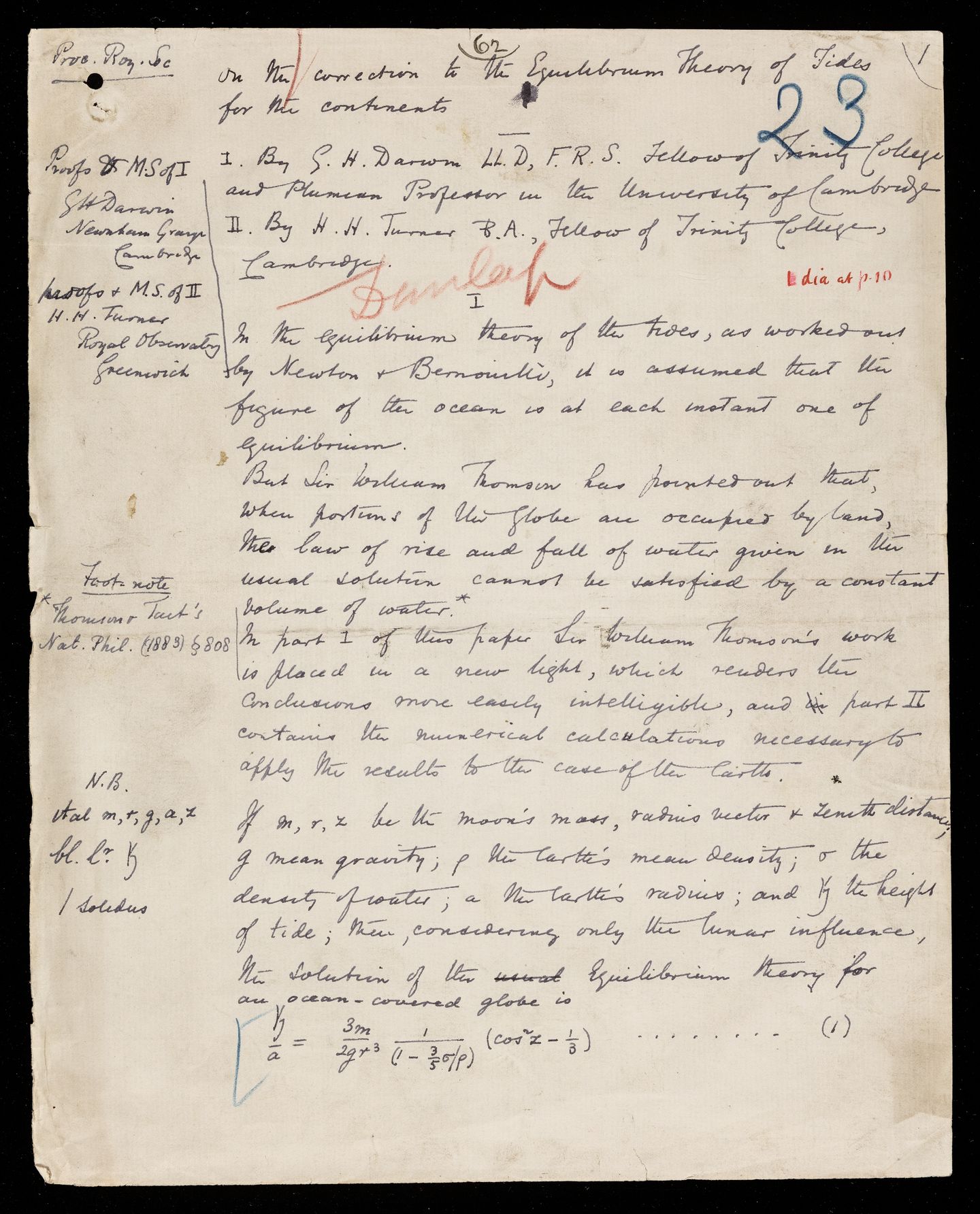 Paper, 'On the correction to the equilibrium theory of tides for the ...