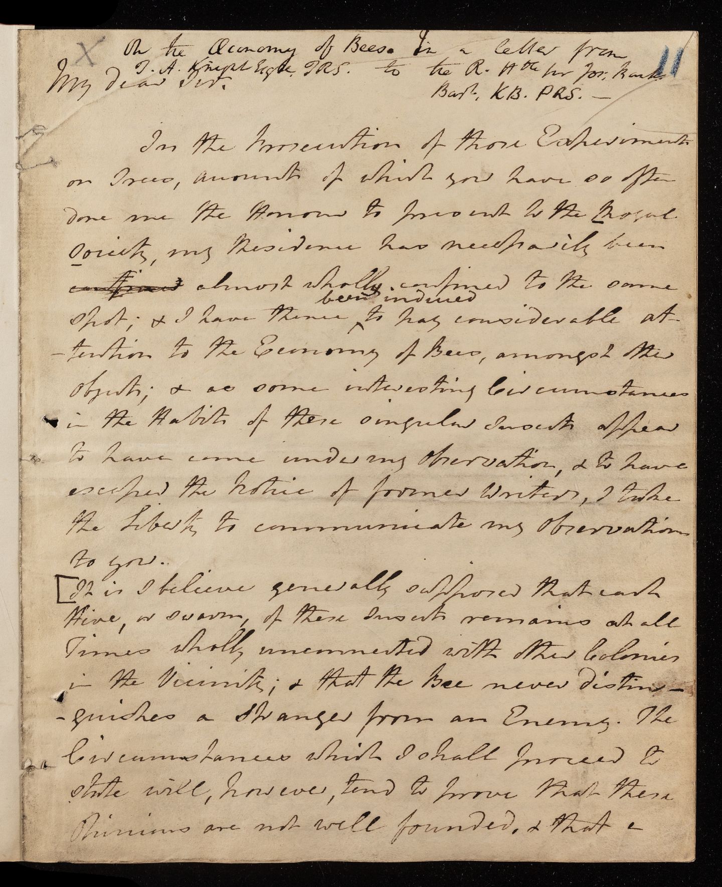 Paper, 'On the economy of bees' in a letter from T A [Thomas Andrew ...
