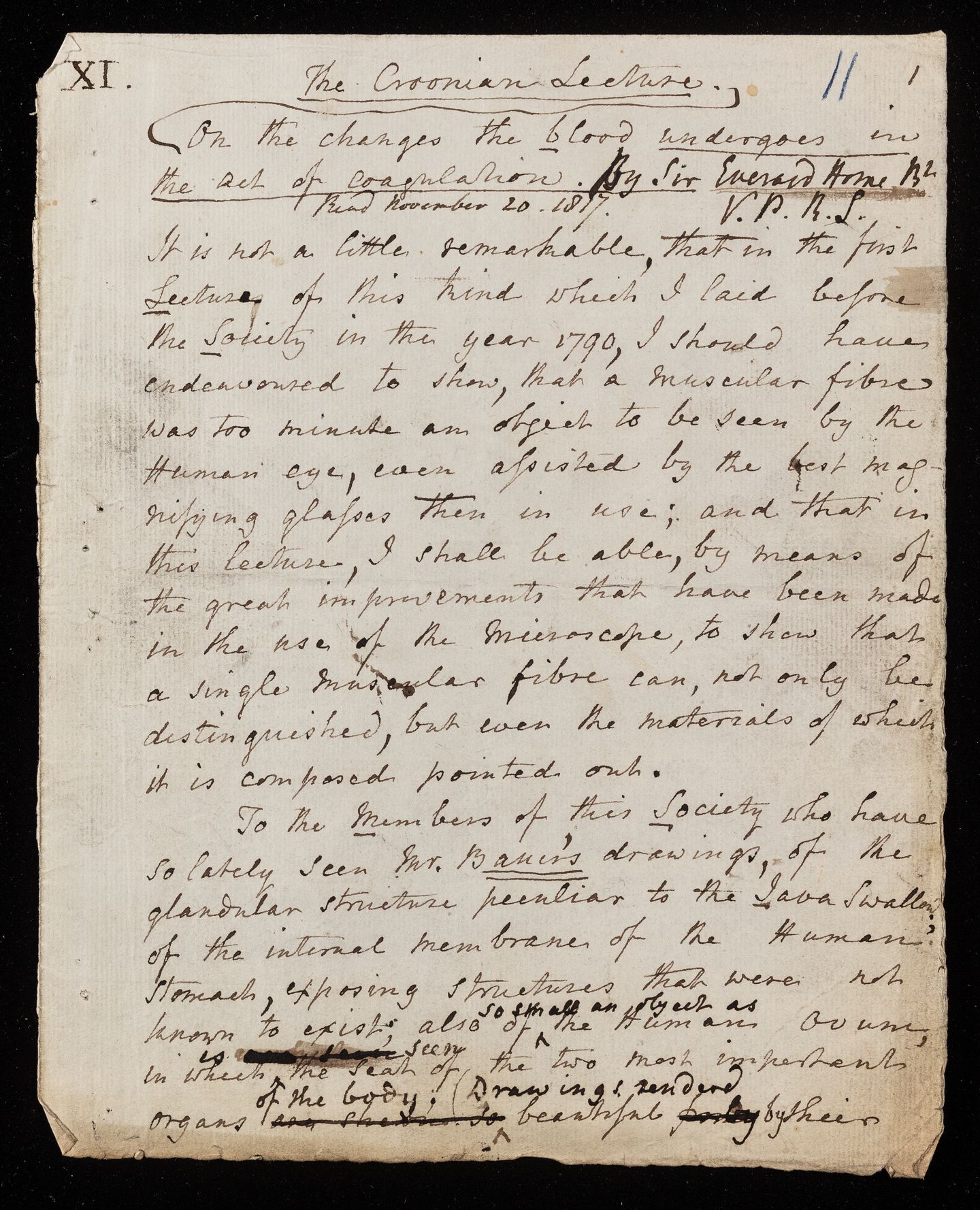 Paper, 'The Croonian Lecture. On the changes the blood undergoes in the ...