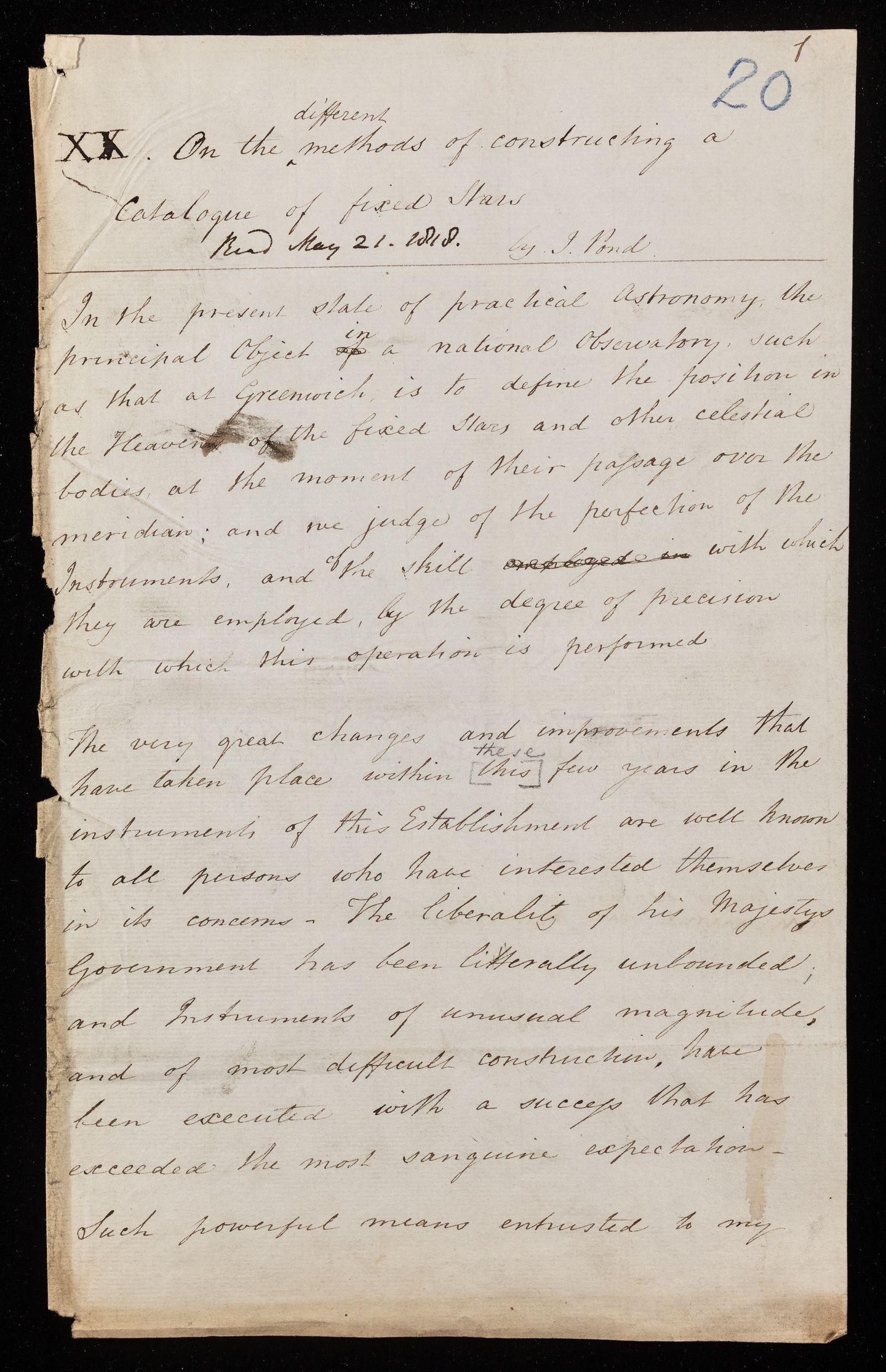 Paper, 'On the different methods of constructing a catalogue of fixed stars' by J [John] Pond ...