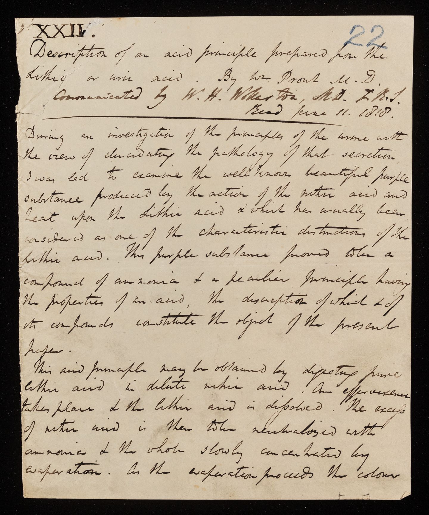 Paper, 'Description of an acid principle prepared from the lithic or ...
