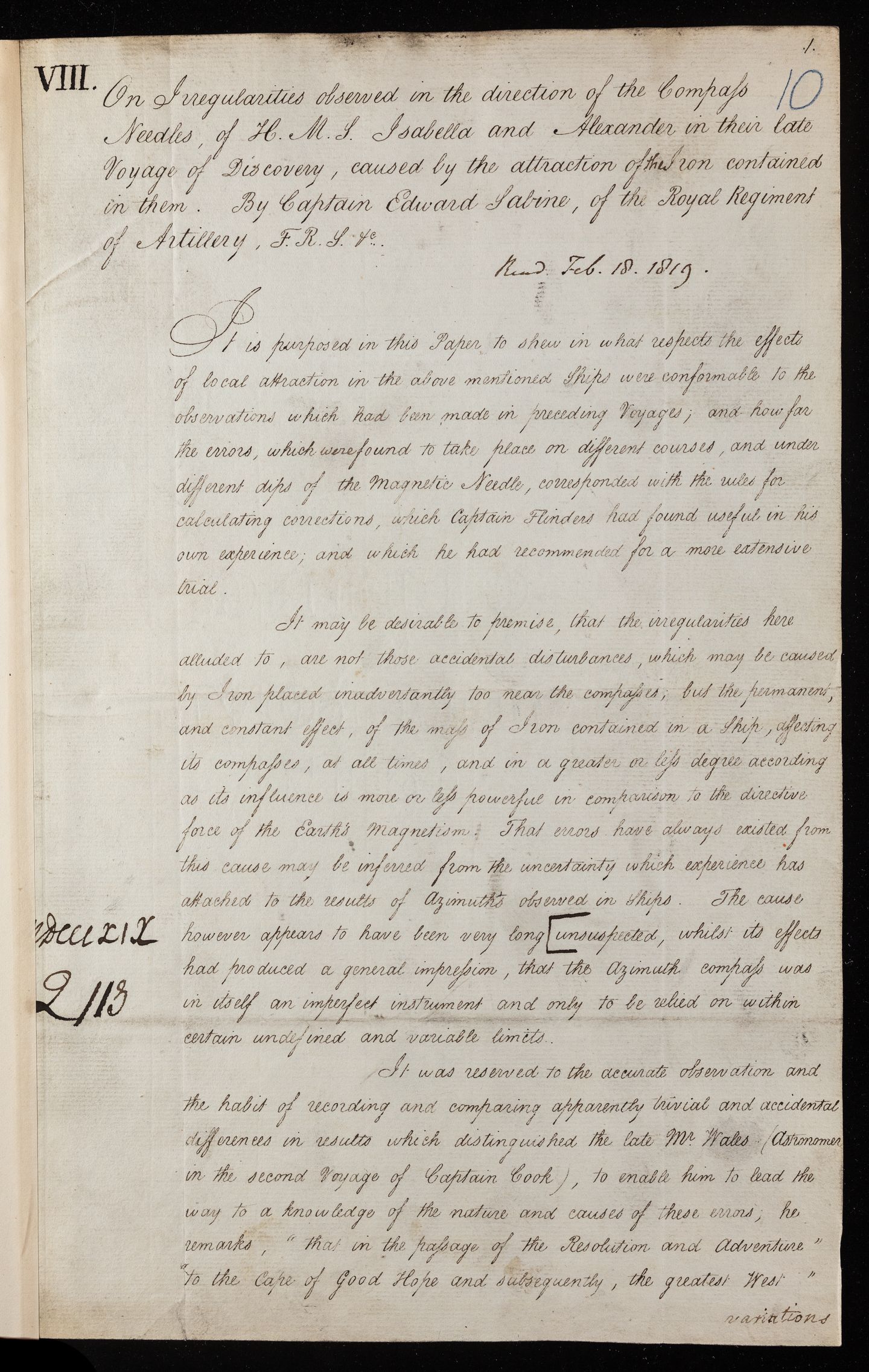 Paper, 'On irregularities observed in the direction of the compass ...