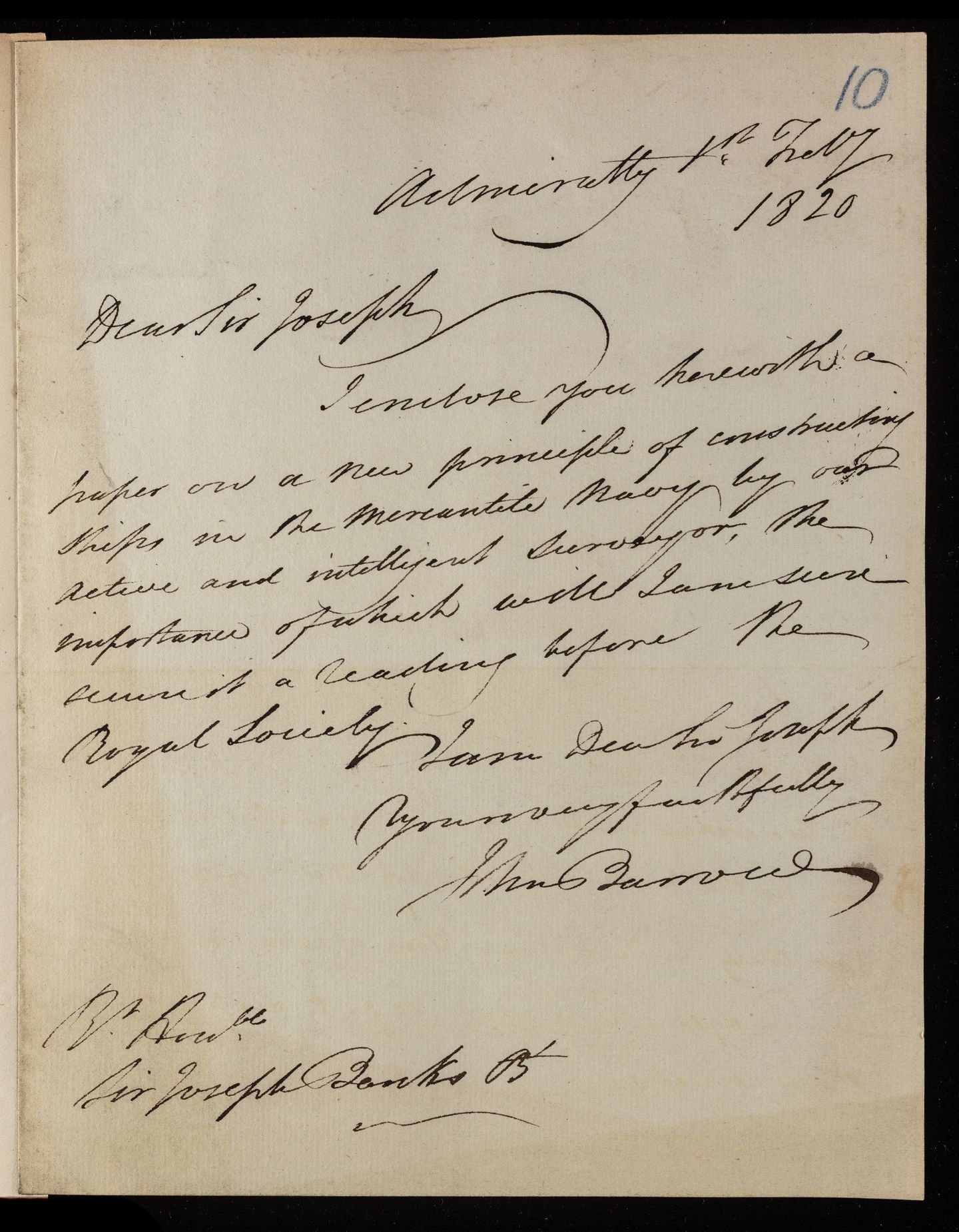 Letter, introducing accompanying paper on shipbuilding from John Barrow ...