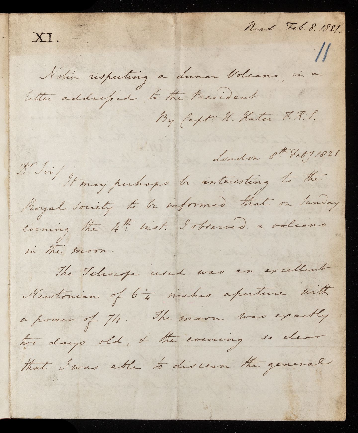 Paper, 'Notice respecting a lunar volcano' by Capt H [Henry] Kater in a ...