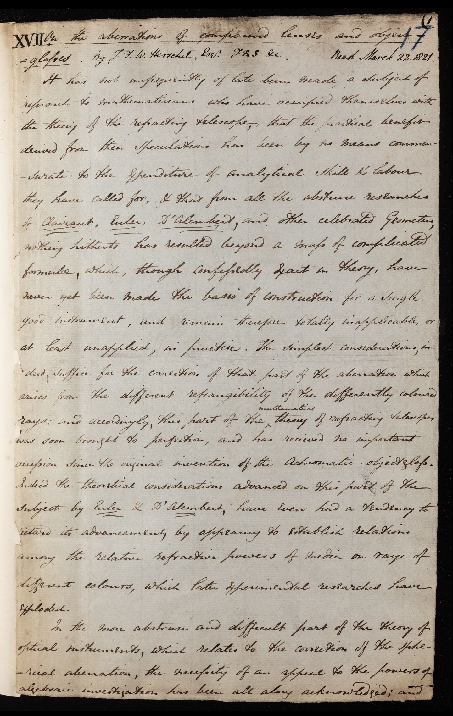 Paper, 'On the aberrations of compound lenses and object-glasses' by J ...