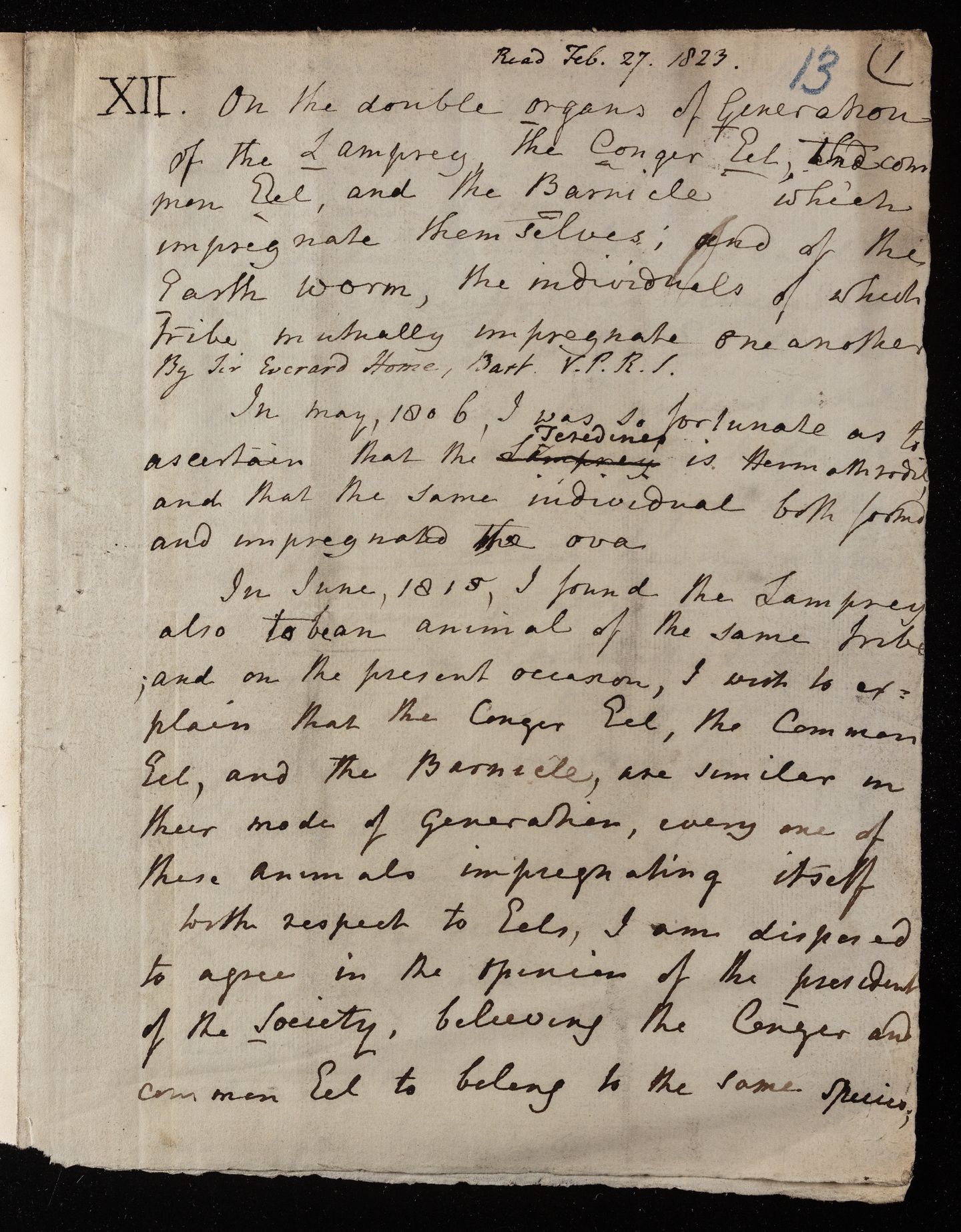 Paper, 'On the double organs of generation of the lamprey, the conger ...