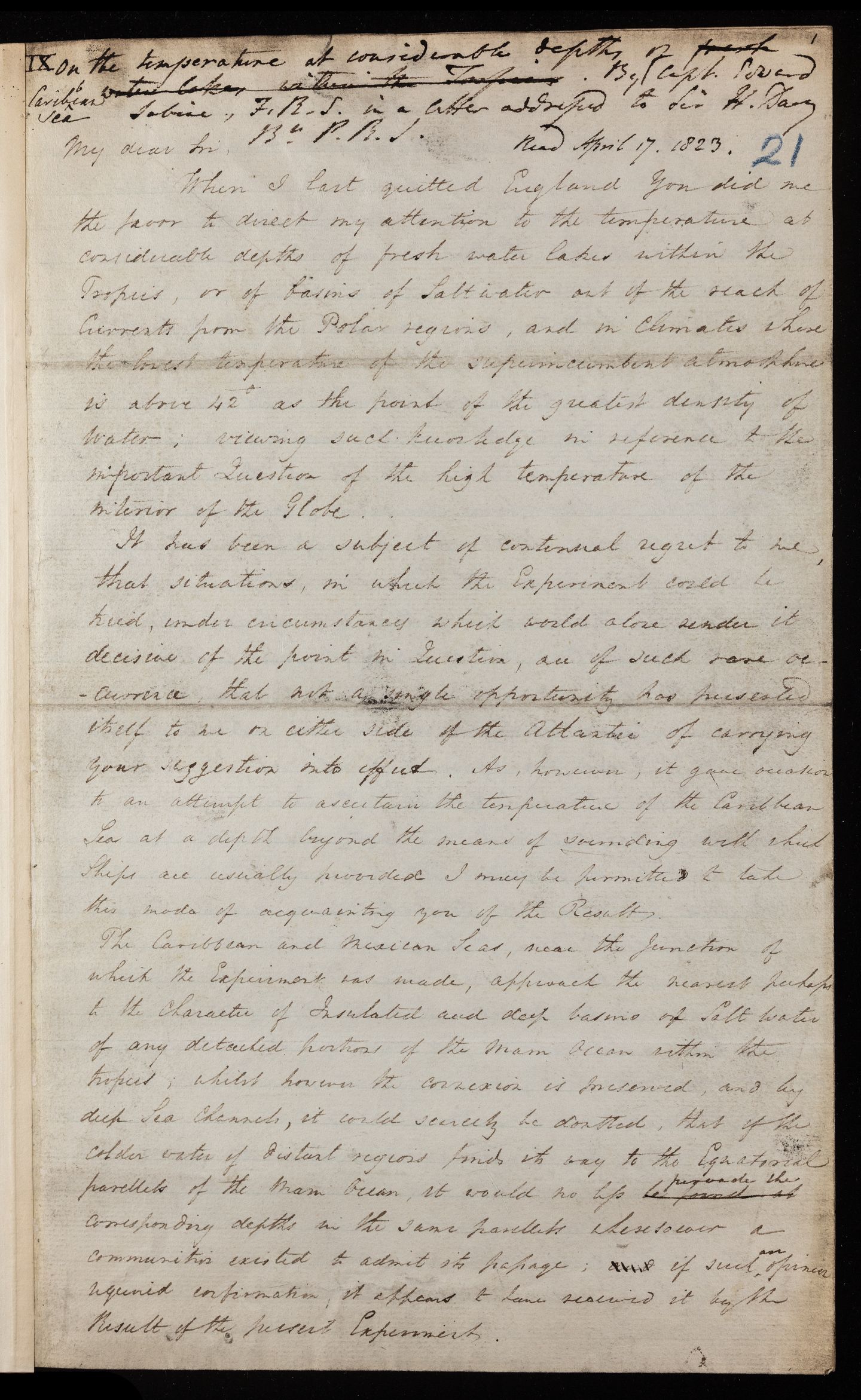 Paper, 'On the temperature at considerable depths of the Caribbean Sea ...