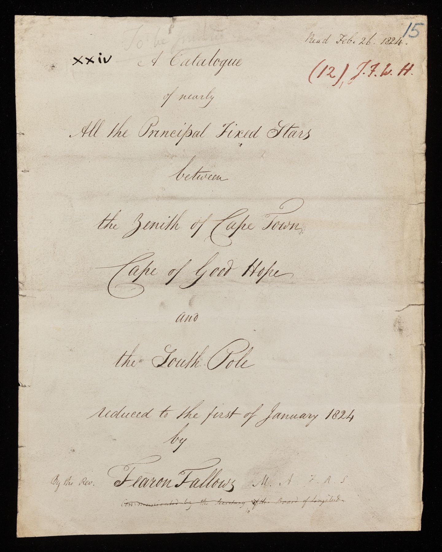 Paper, 'A catalogue of nearly all the principal fixed stars between the ...