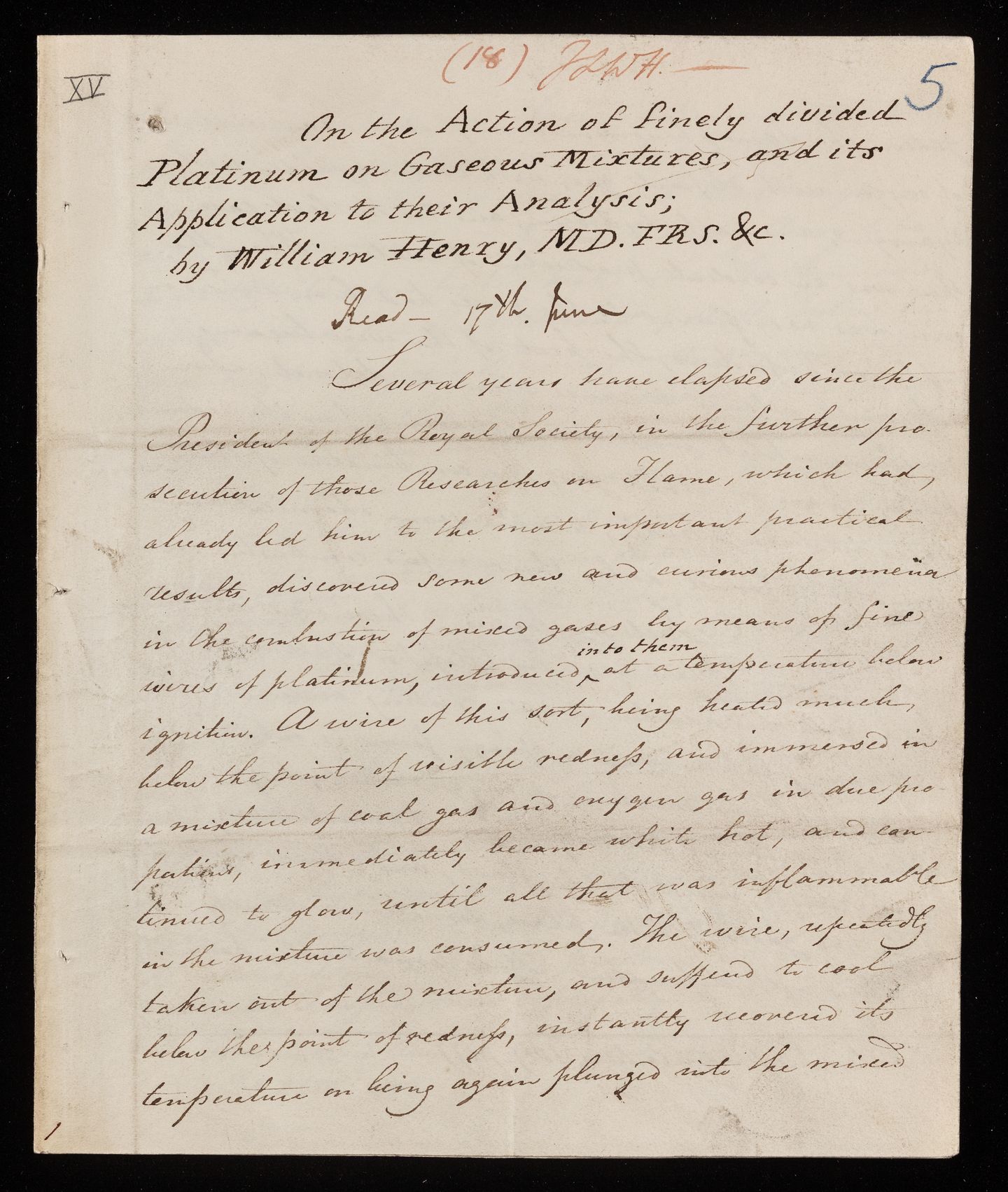 Paper, 'On the action of finely divided platinum on gaseous mixtures ...