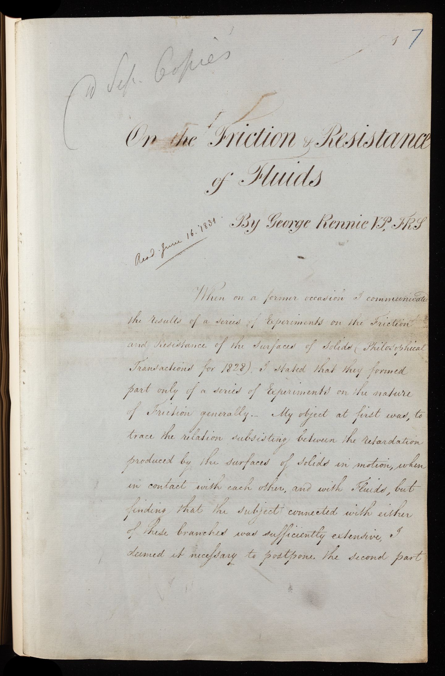 Paper, 'On the friction and resistance of fluids' by George Rennie ...