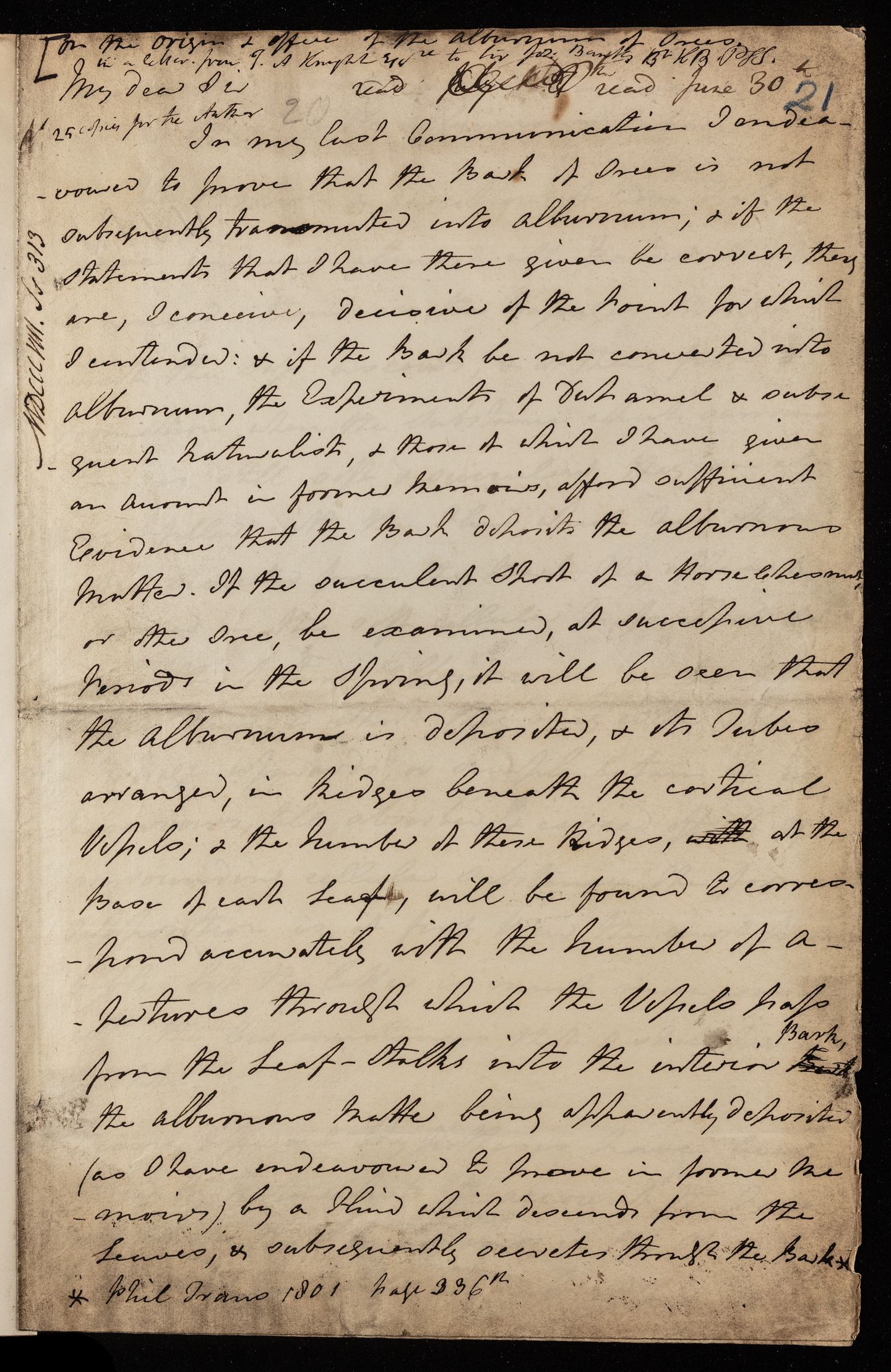 Paper, 'On the origin and office of the alburnum of trees' in a letter ...