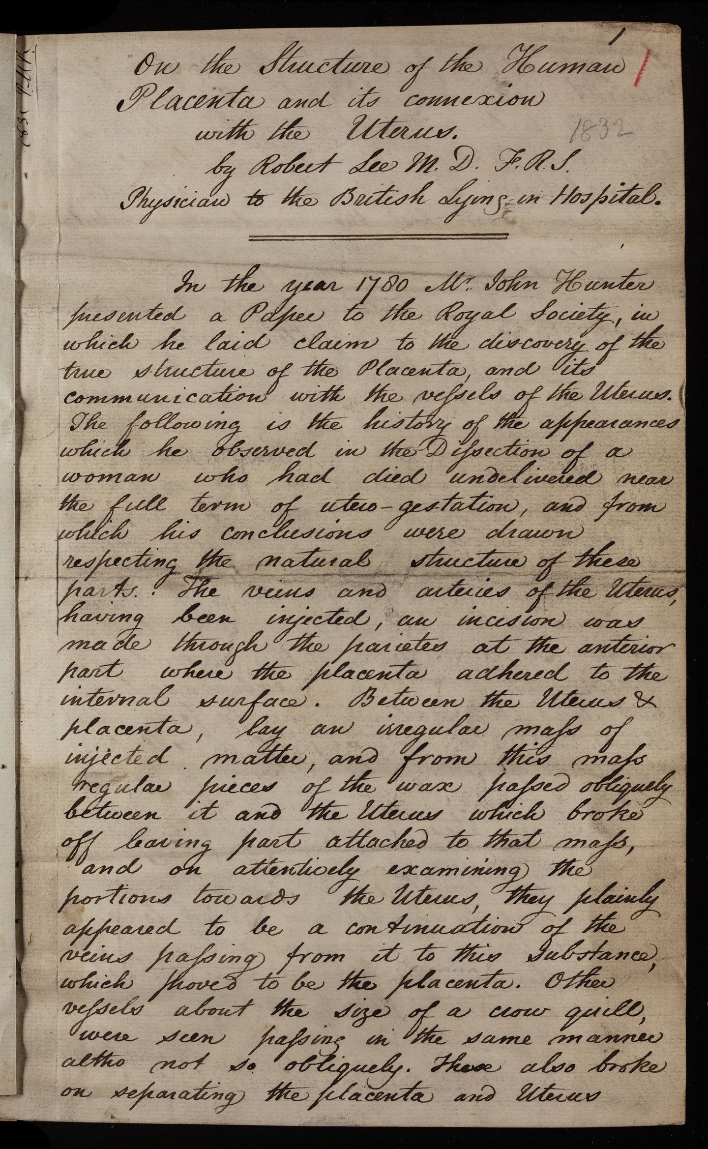 Paper, 'On the structure of the human placenta and its connexion with ...