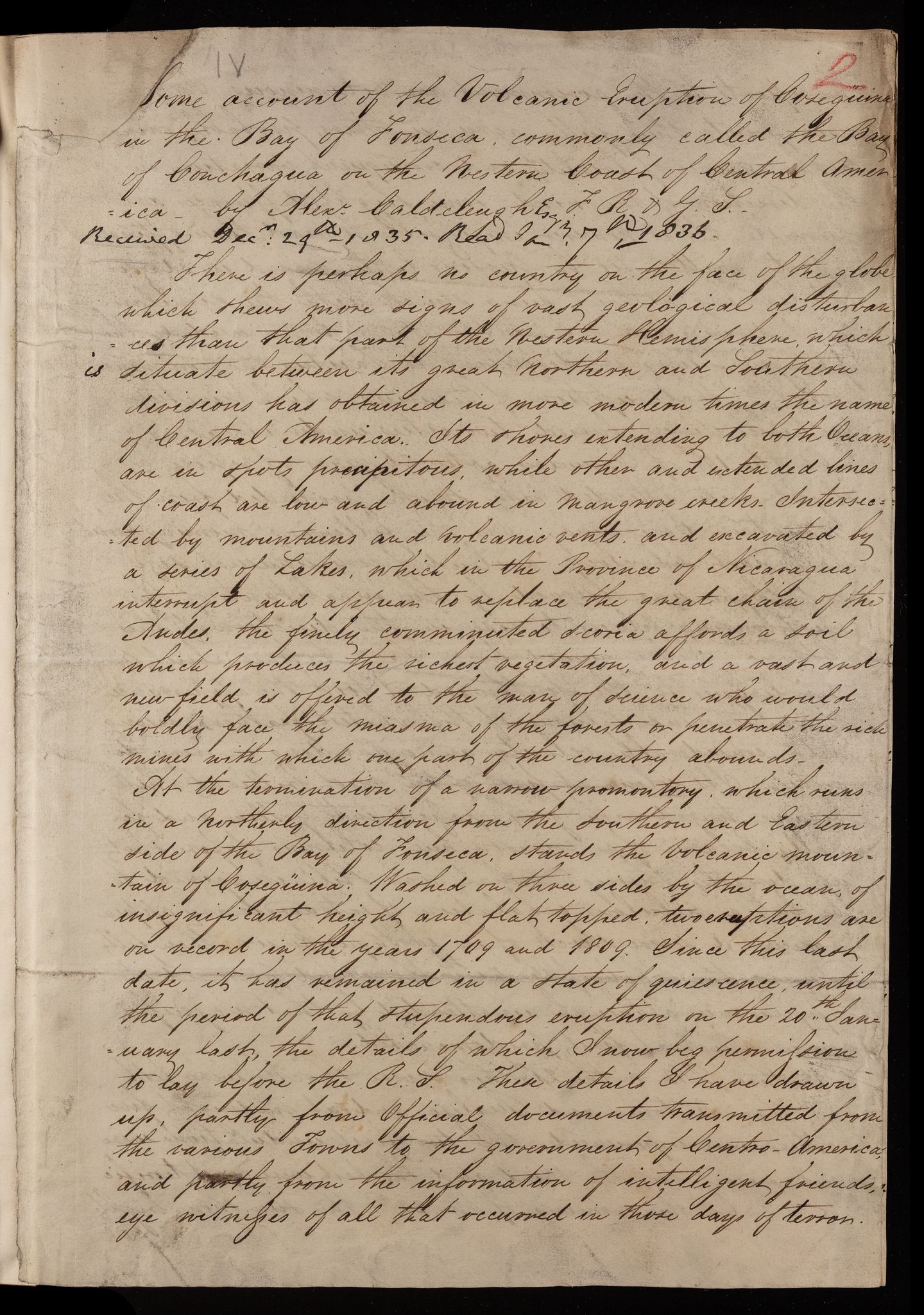 Paper, 'Some account of the volcanic eruption of Cosegüina in the Bay ...