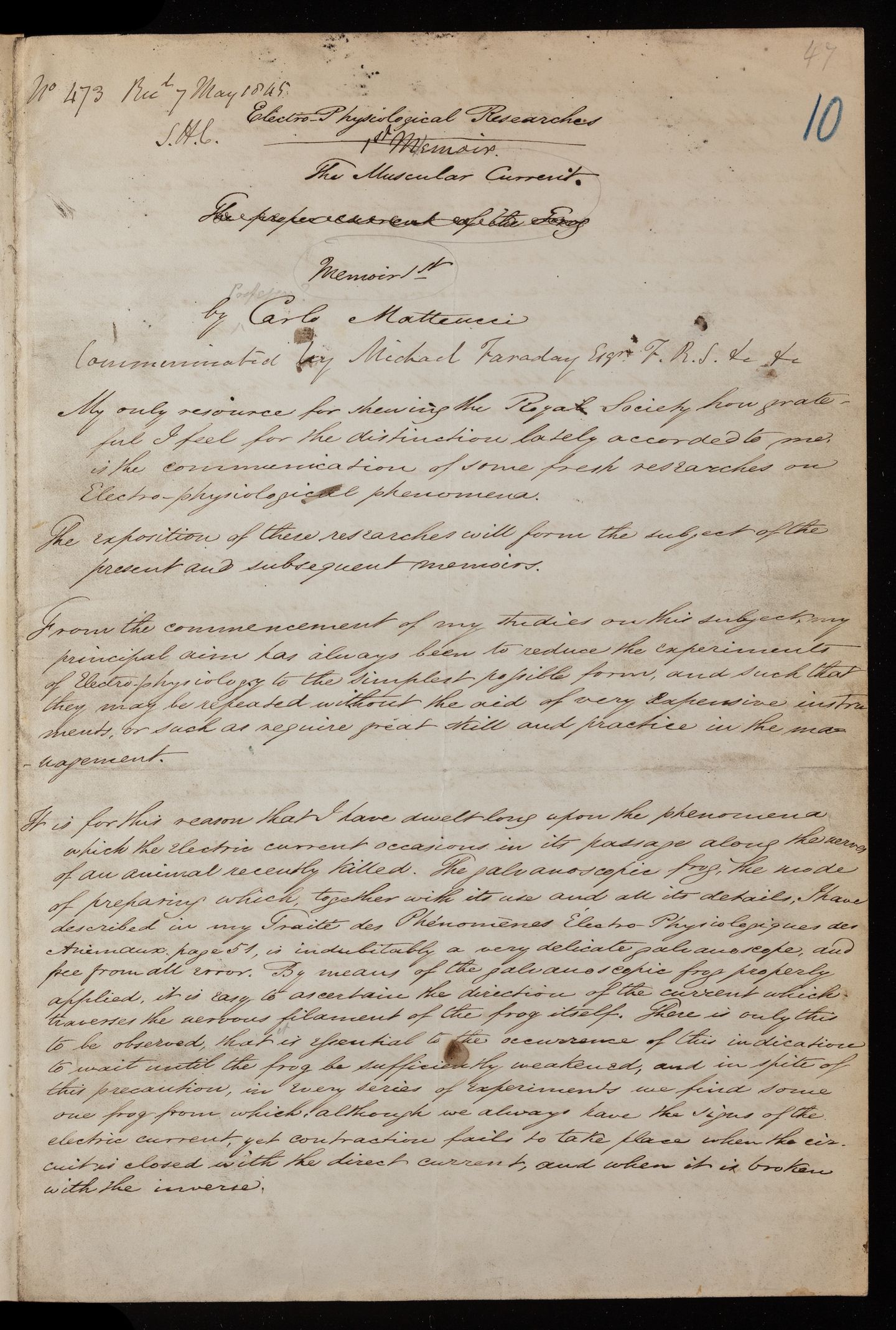 Paper, 'Electro-physiological researches. The muscular current' by ...