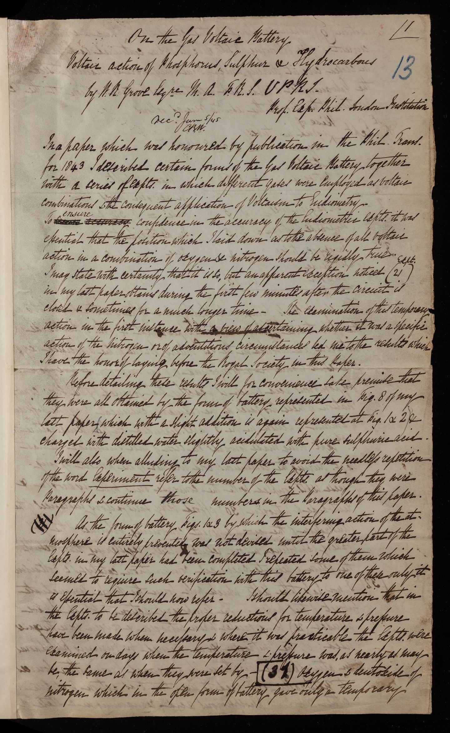 Paper, 'On the gas voltaic battery. Voltaic action of phosphorus ...