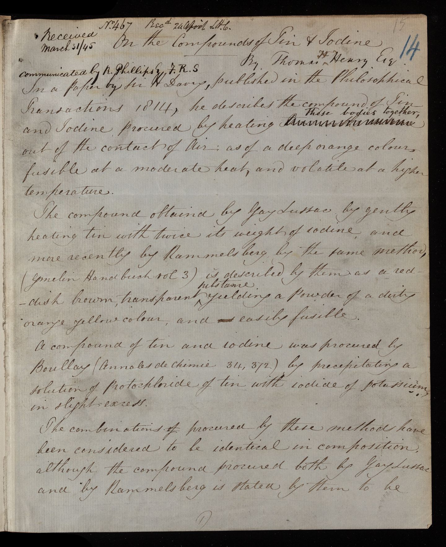 Paper, 'On the compounds of tin and iodine' by Thomas H [Hetherington ...