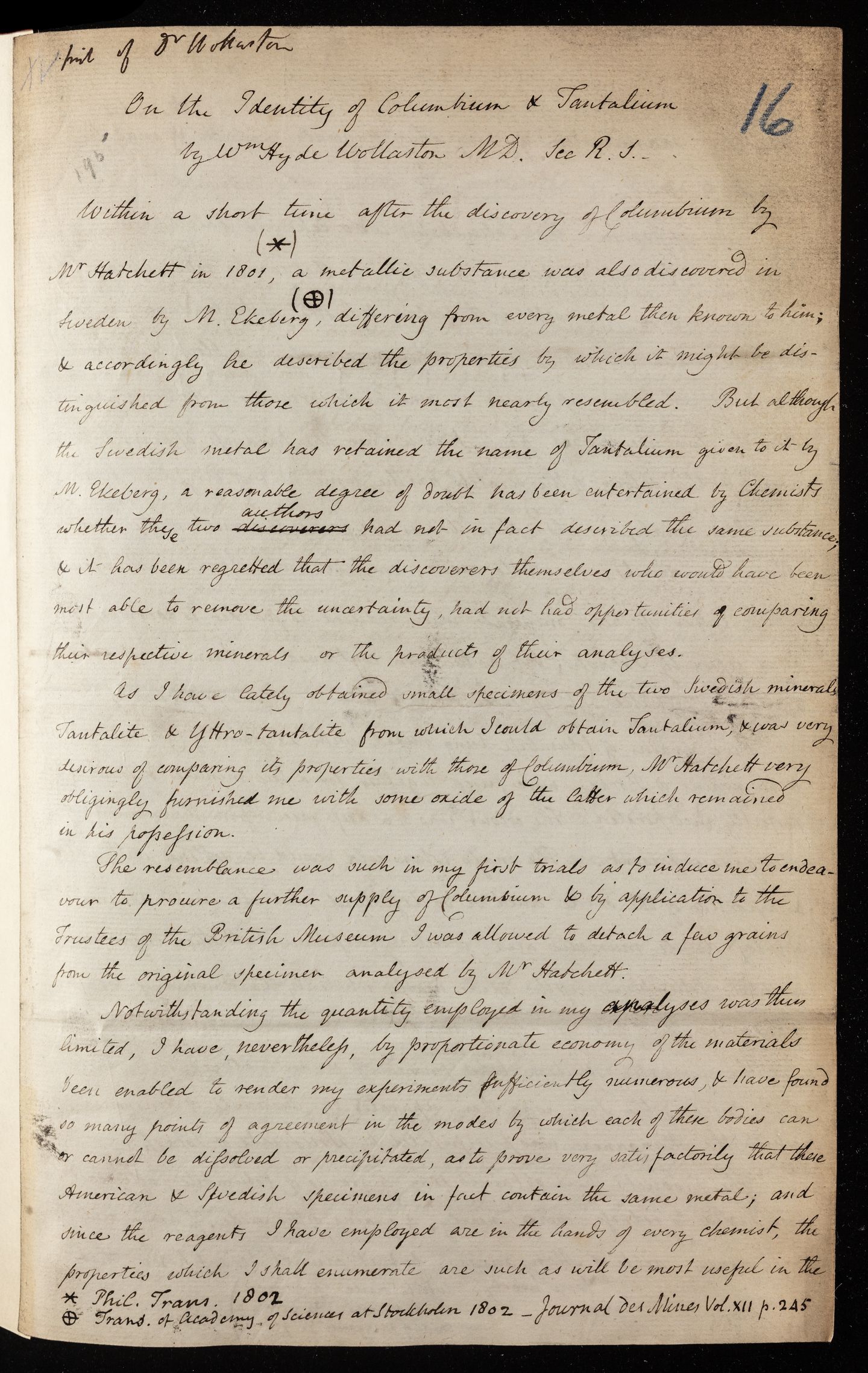 Paper, 'On the identity of columbium and tantalum' by Wm [William] Hyde ...