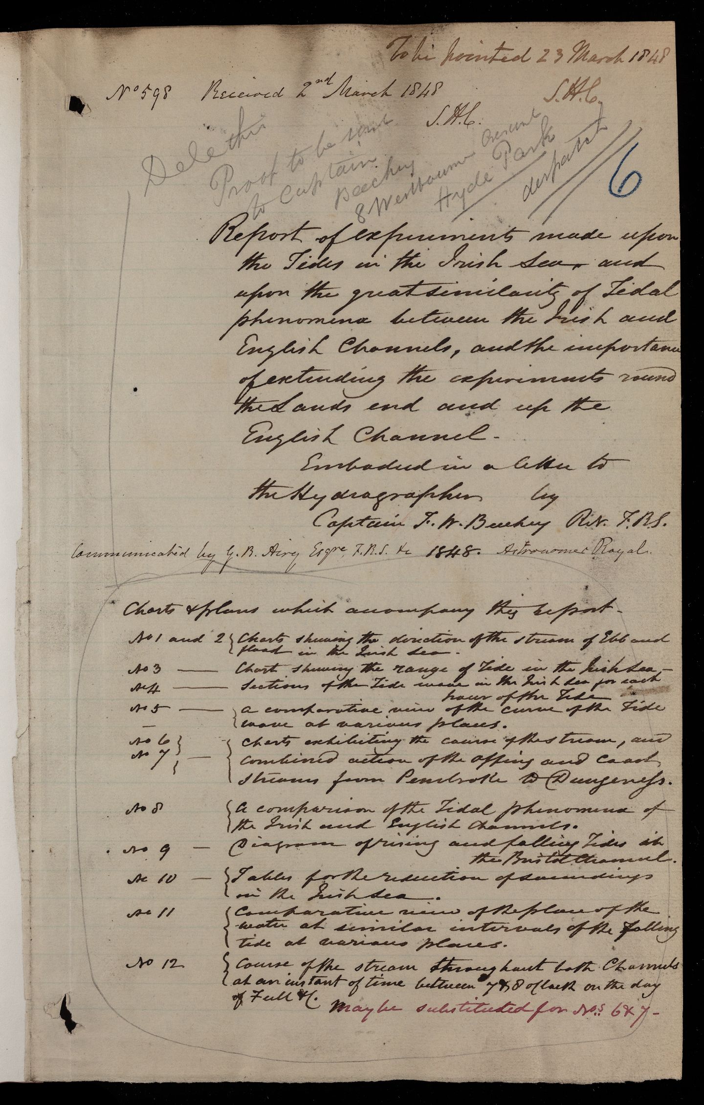 Paper, 'Report of experiments made upon the tides in the Irish Sea, and ...