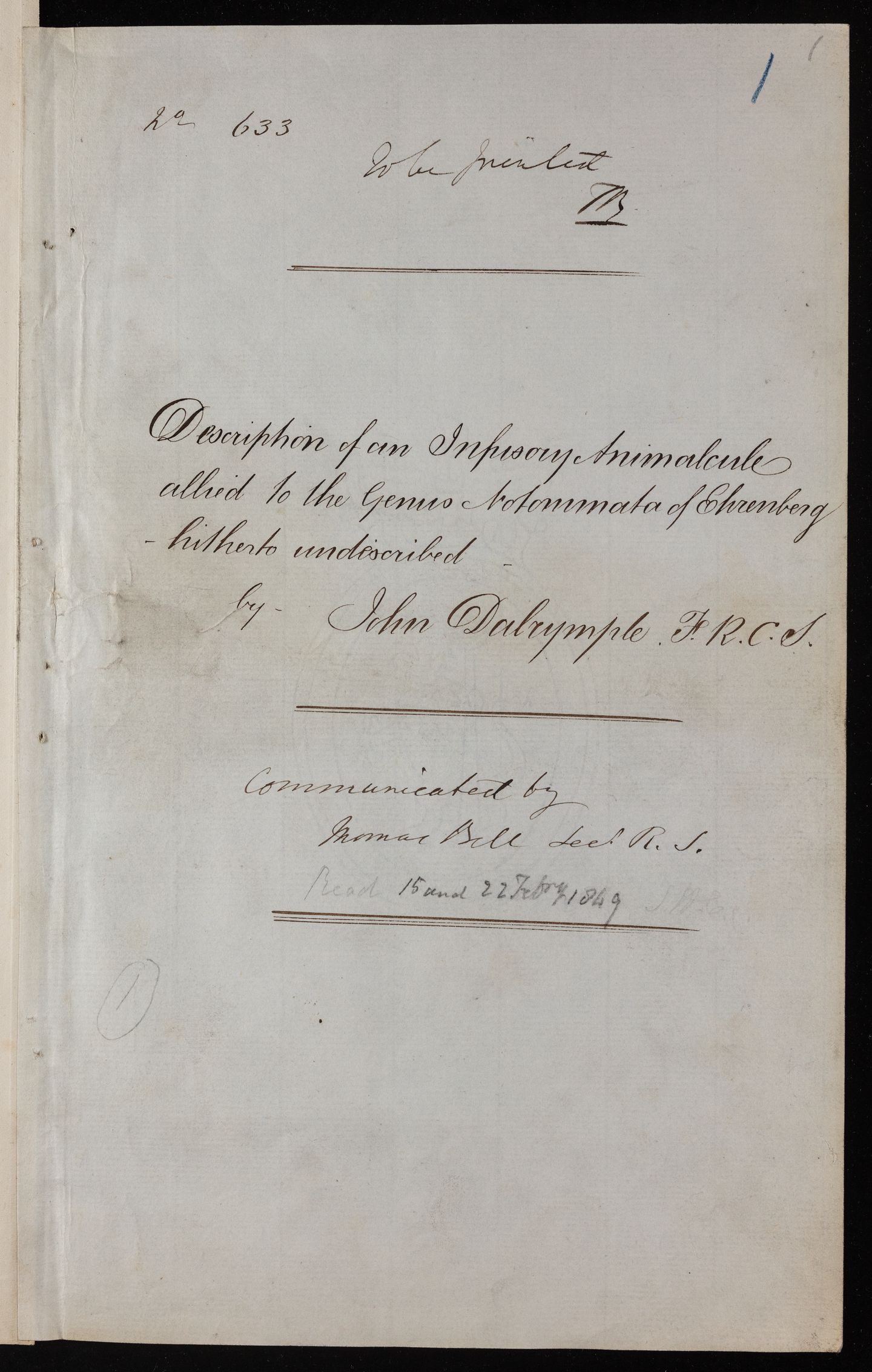 Paper, 'Description of an infusory animalcule allied to the genus ...