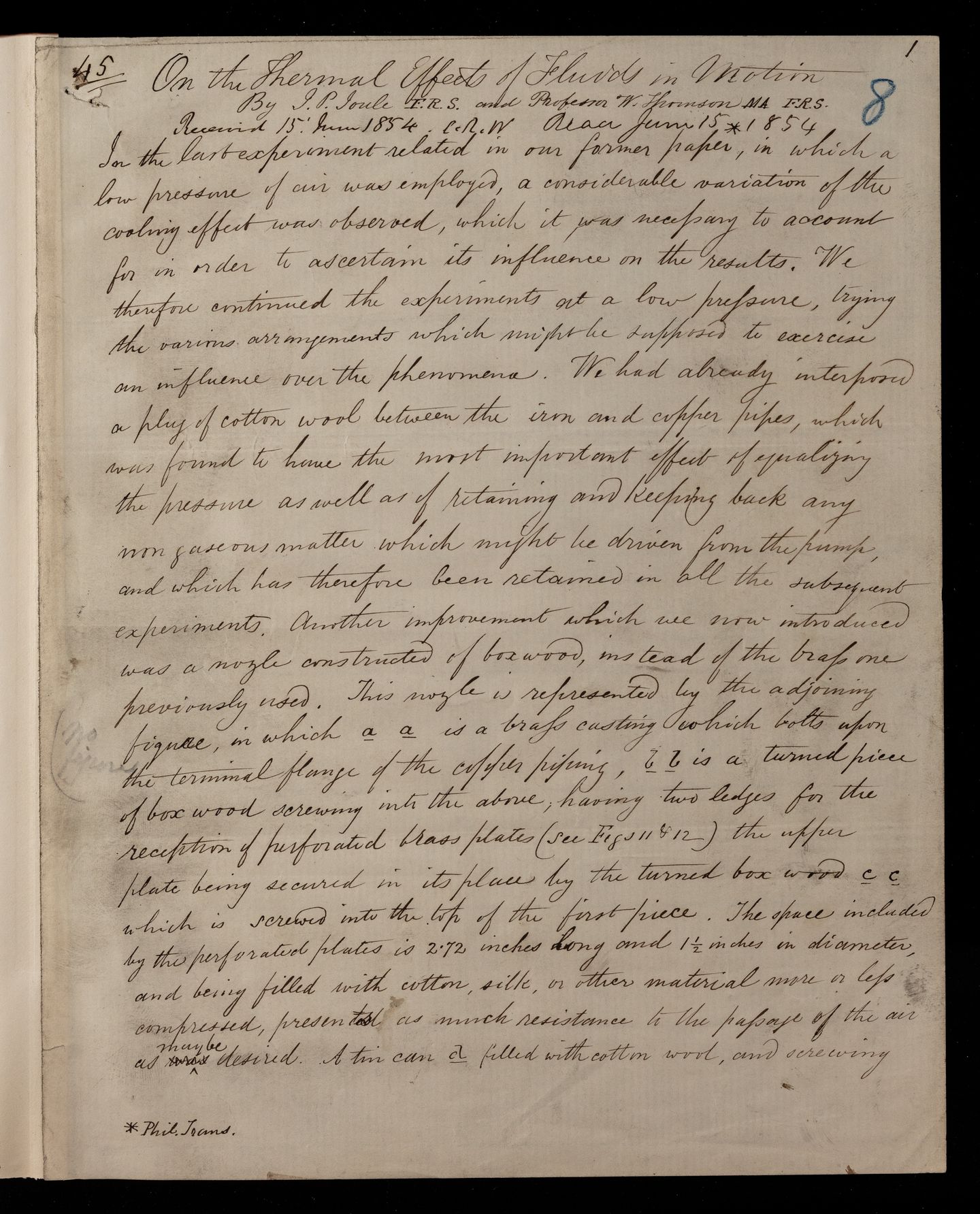 Paper, 'On the thermal effects of fluids in motion' by J P [James ...