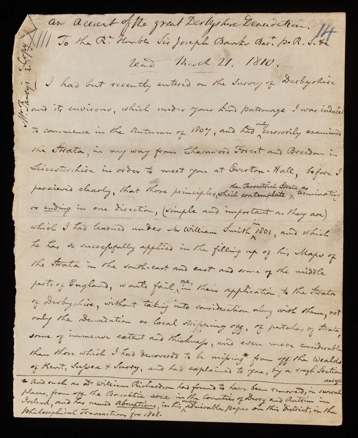 Paper, 'An account of the great Derbyshire denudation' in a letter from ...