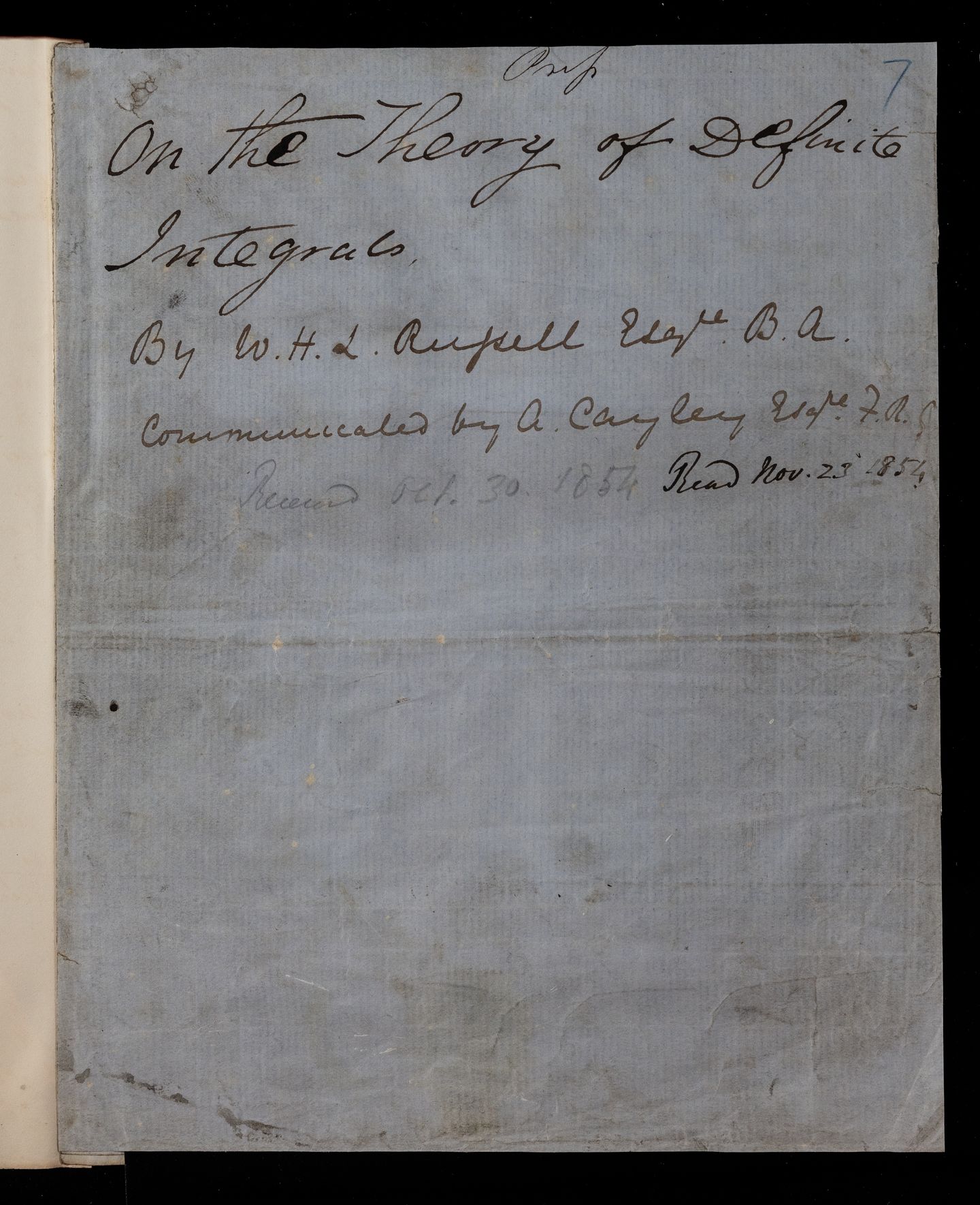 Paper, 'On the theory of definite integrals' by W H L [William Henry ...