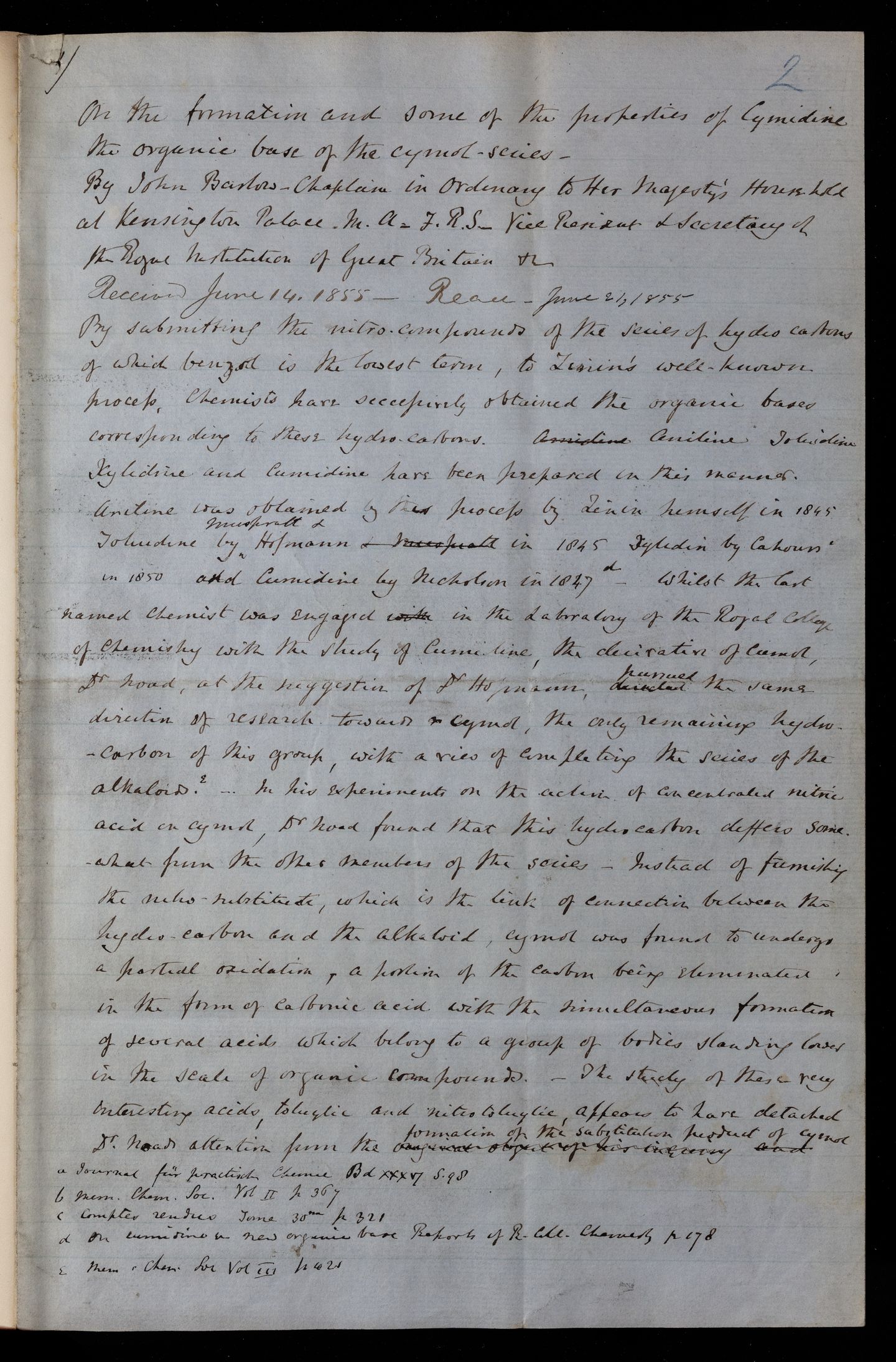 Paper, 'On the formation and some of the properties of cymidine the ...