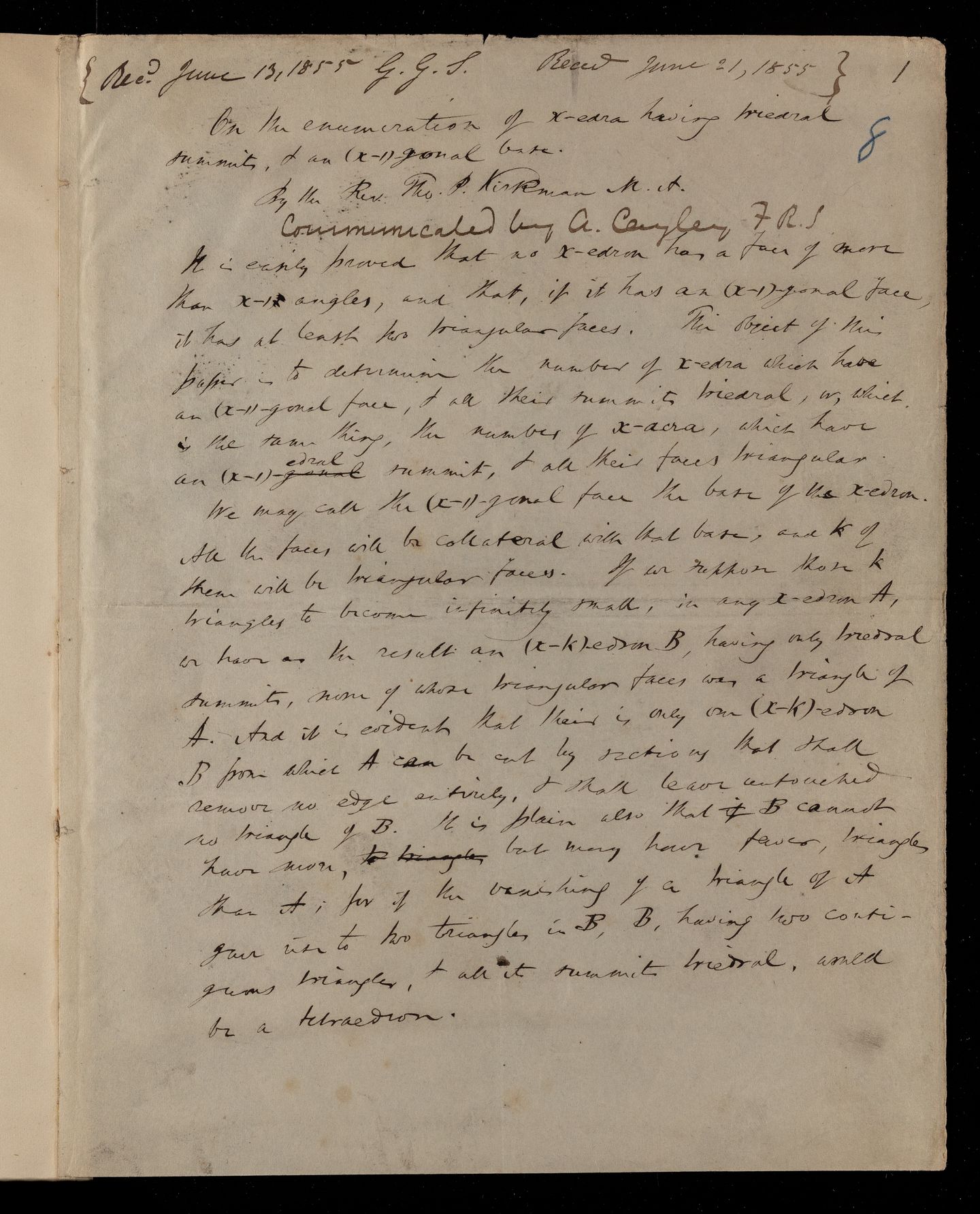 Paper, 'On the enumeration of x-edra having triedral summits, and an (x ...