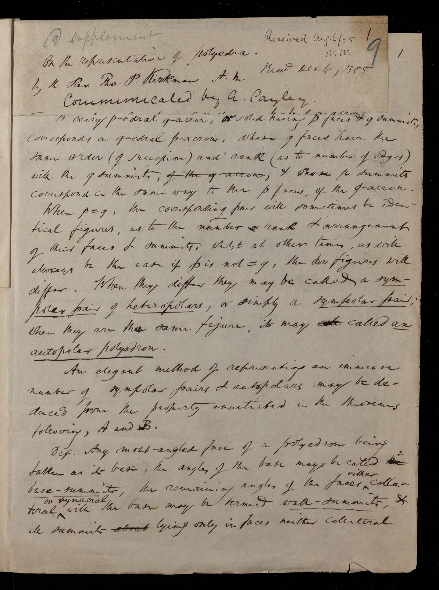 Paper, 'On the representation of polyedra [polyhedra]' by Rev Tho ...