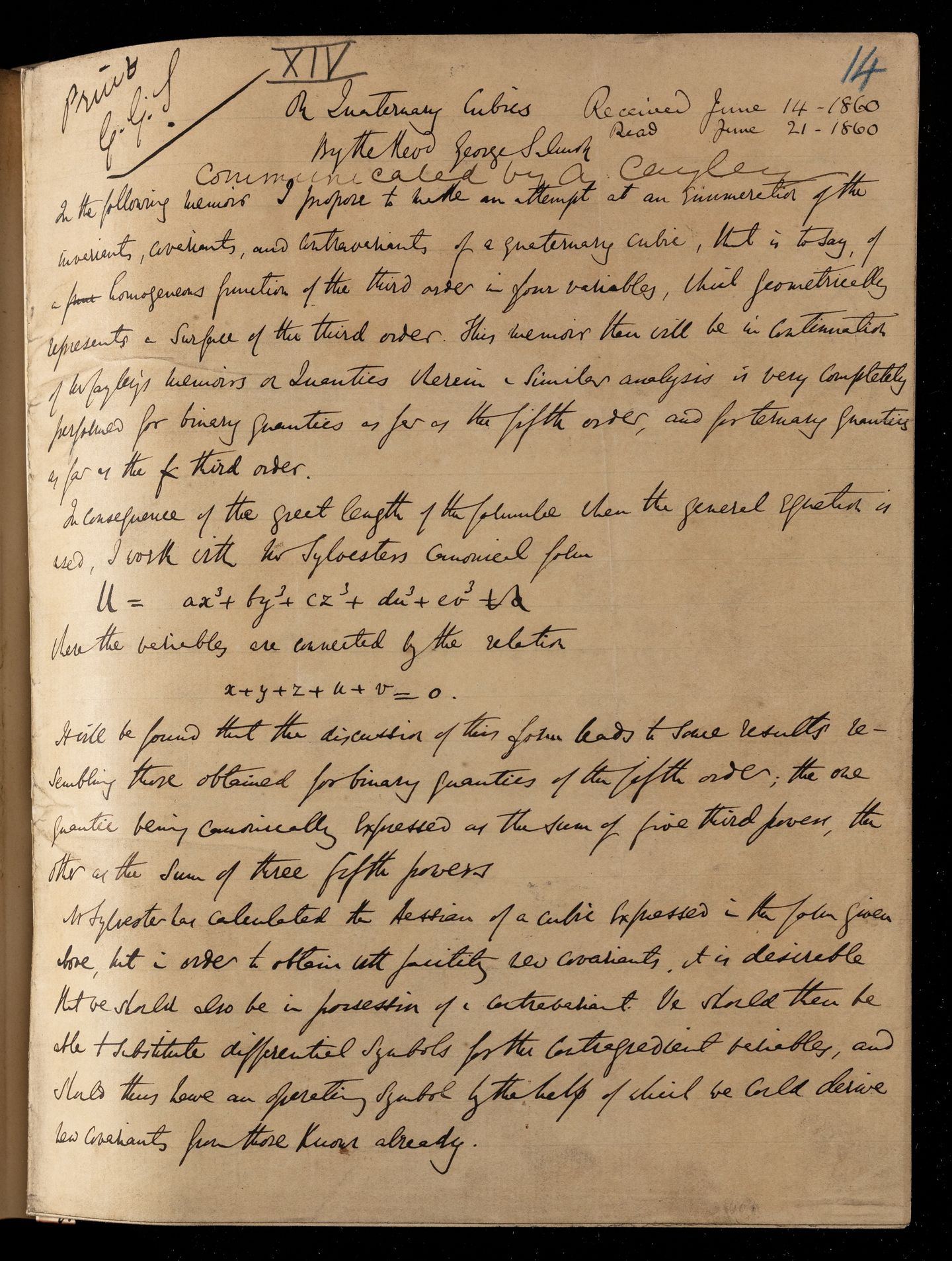 Paper, 'On quaternary cubics' by Rev George Salmon | The Royal Society ...