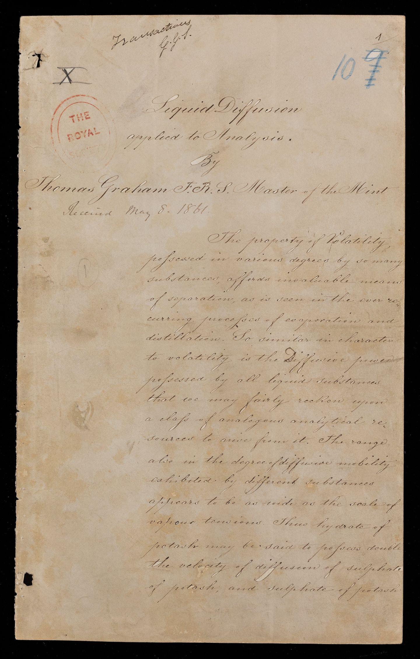 Paper, 'Liquid diffusion applied to analysis' by Thomas Graham | The ...