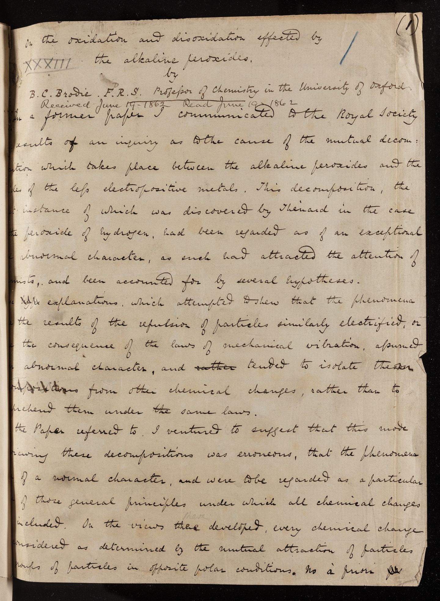 Paper, 'On the oxidation and disoxidation effected by the alkaline ...
